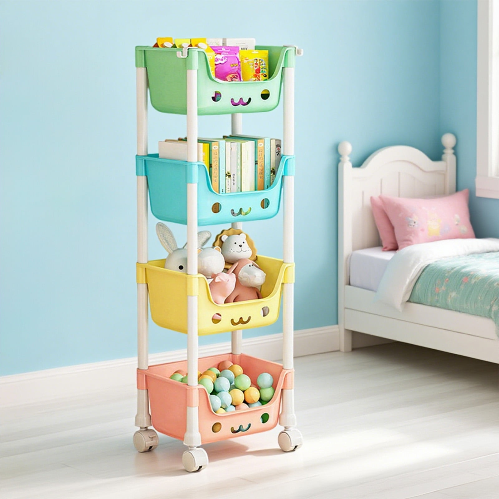 Klds Toy Storage Organizer Cart with 4 Tier Baskets, Rolling Mobile ...