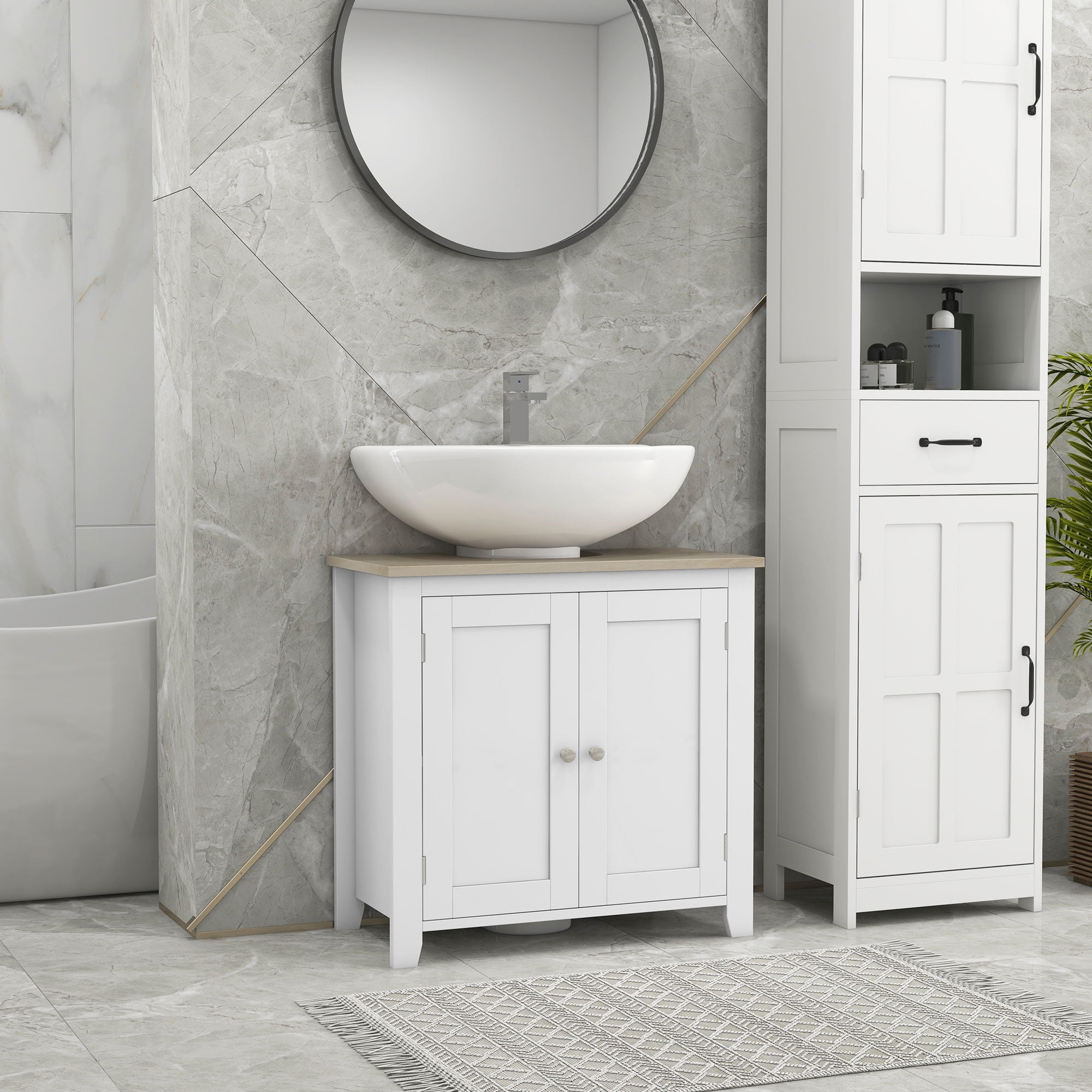 Kleankin Pedestal Sink Storage Cabinet Under Sink Cabinet Bathroom Vanity Cabinet with U Shape and Adjustable Internal Shelf White