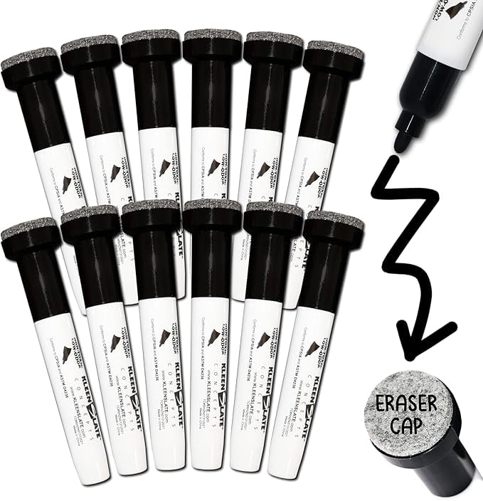 KleenSlate (12) Pack Large Black Dry Erase Markers with Eraser Cap ...