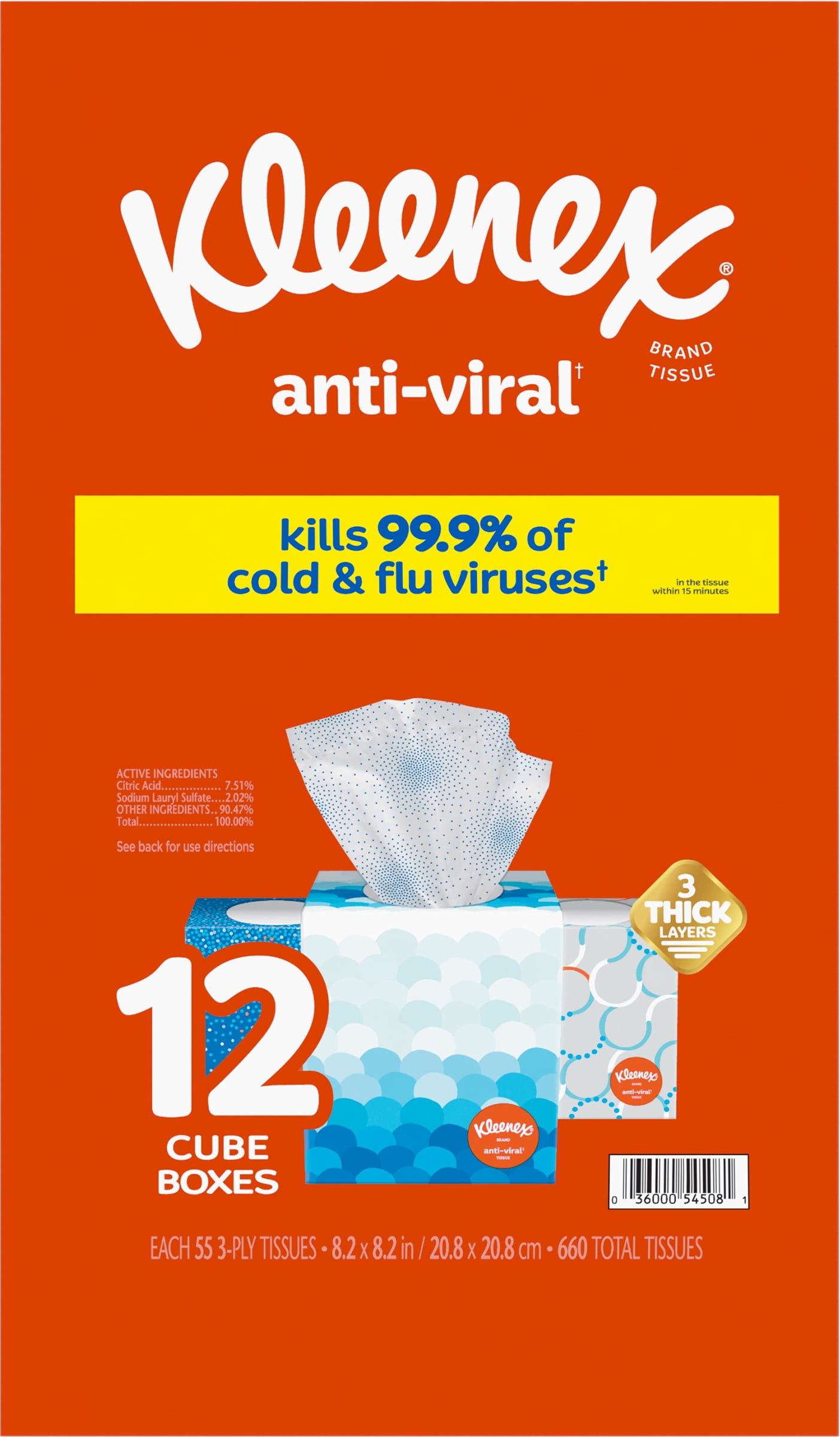 Kleenex Anti-Viral 3-Ply Facial Tissues, Cube Boxes (55 tissues/box, 12 ...