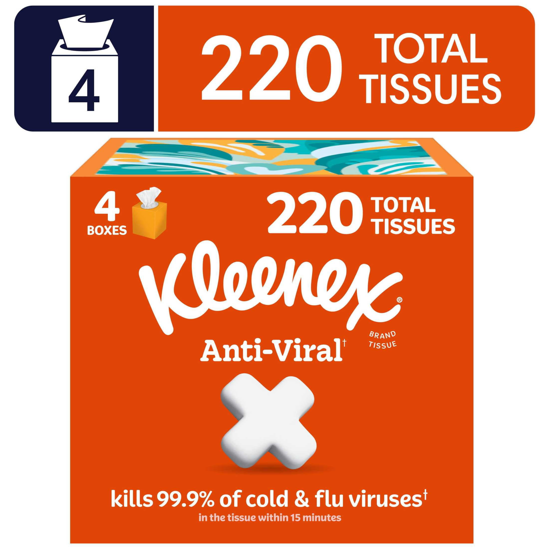 Kleenex, Anti-Viral Facial Tissues, 4 Cube Boxes, 55 Tissues per Box, 3 ...