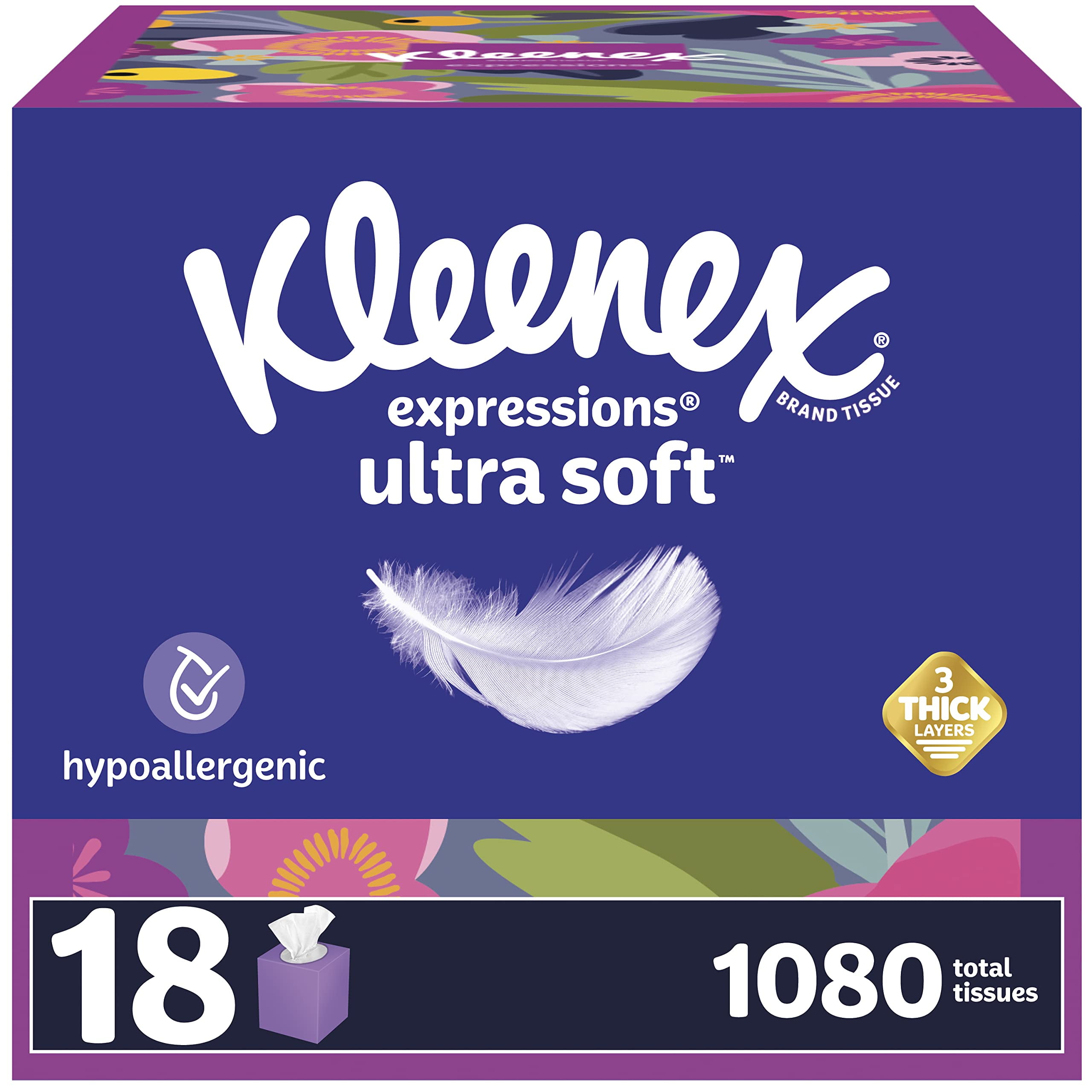 Kleenex Expressions Ultra Soft 3-Ply Facial Tissues, 18 Cube Boxes, 60 ...