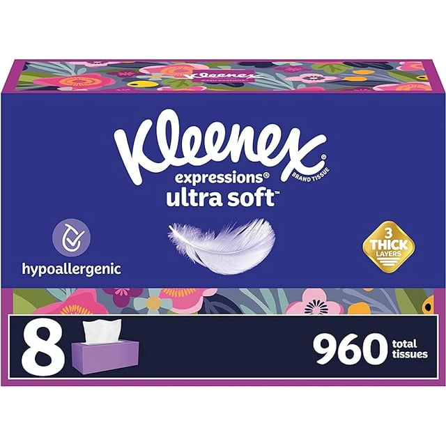 Kleenex Expressions Ultra Soft 3-Ply Facial Tissues, 8 Flat Boxes, 120 ...