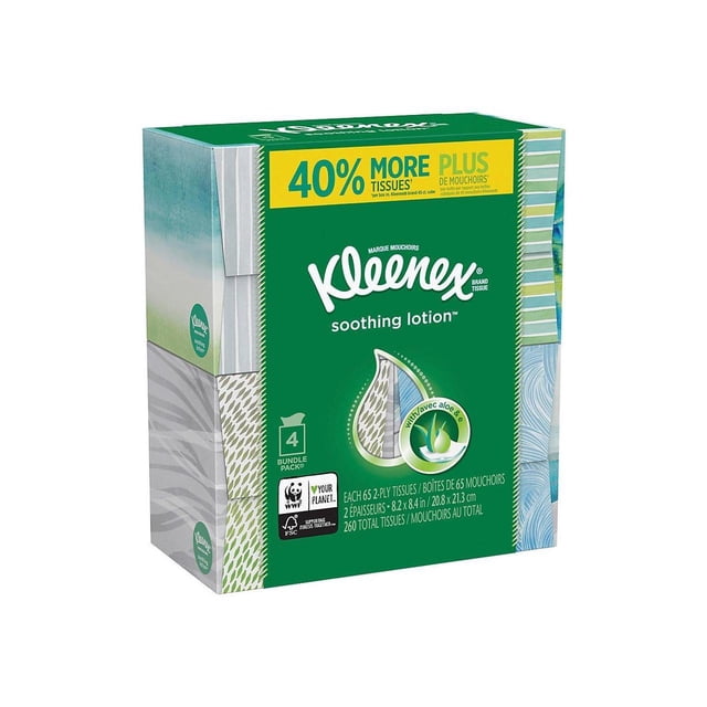 Kleenex Soothing Lotion Facial Tissues, 4 Cube Boxes, 65 Tissues per ...