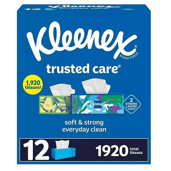 Kleenex Trusted Care 2-Ply Facial Tissues, 160 Tissues/Box, 12 Flat Boxes, Soft and Absorbent ...