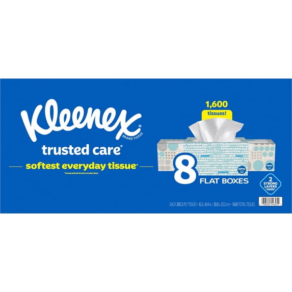 Kleenex Trusted Care Facial Tissues, 8 Flat Boxes, 200 Tissues Each, 2 ...