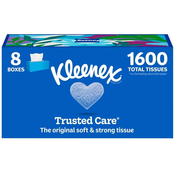 Kleenex Trusted Care Facial Tissues, 8 Flat Boxes, 200 Tissues, 2-Ply ...