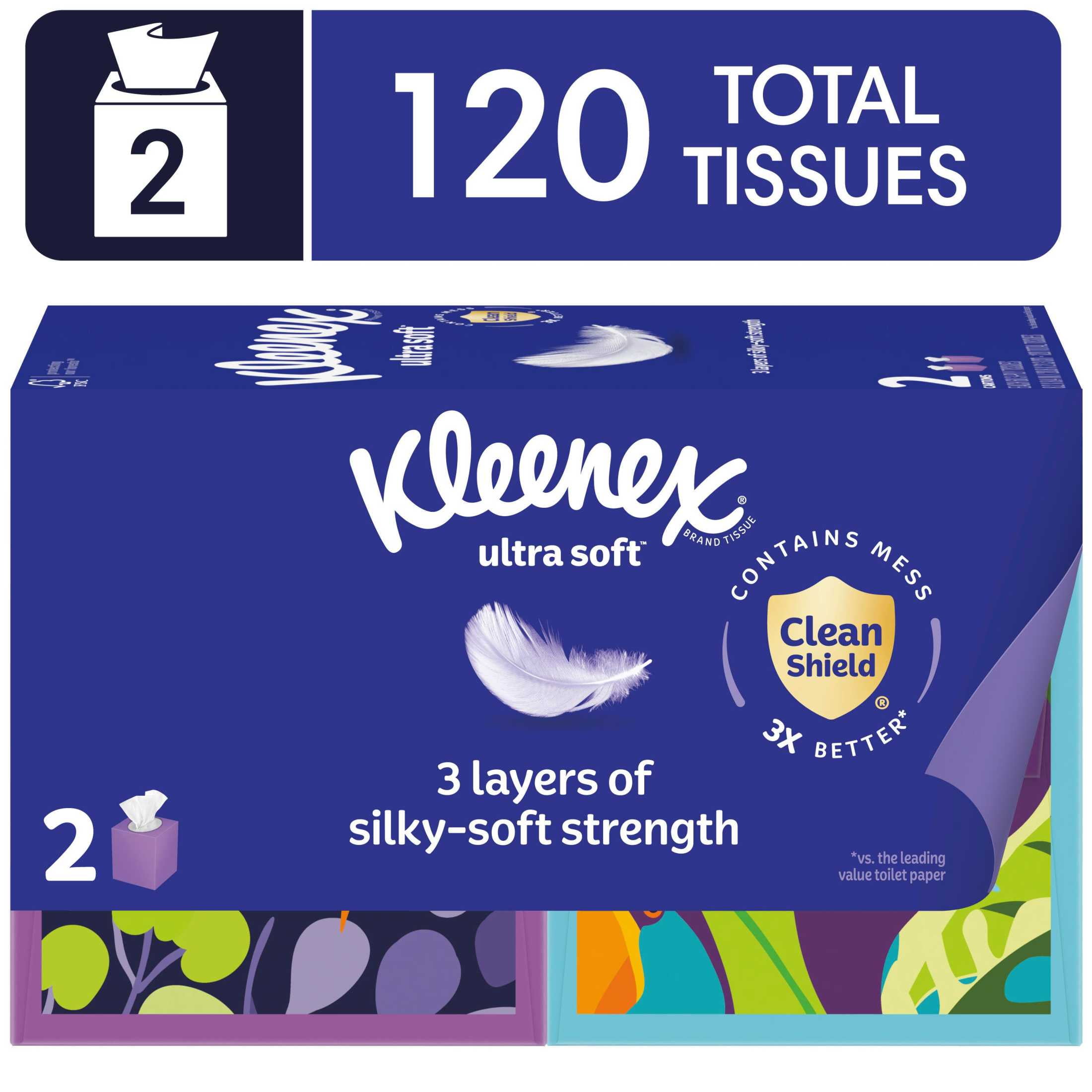 Kleenex Ultra Soft 3-Ply Facial Tissues, Hypoallergenic, 2 Cube Boxes ...