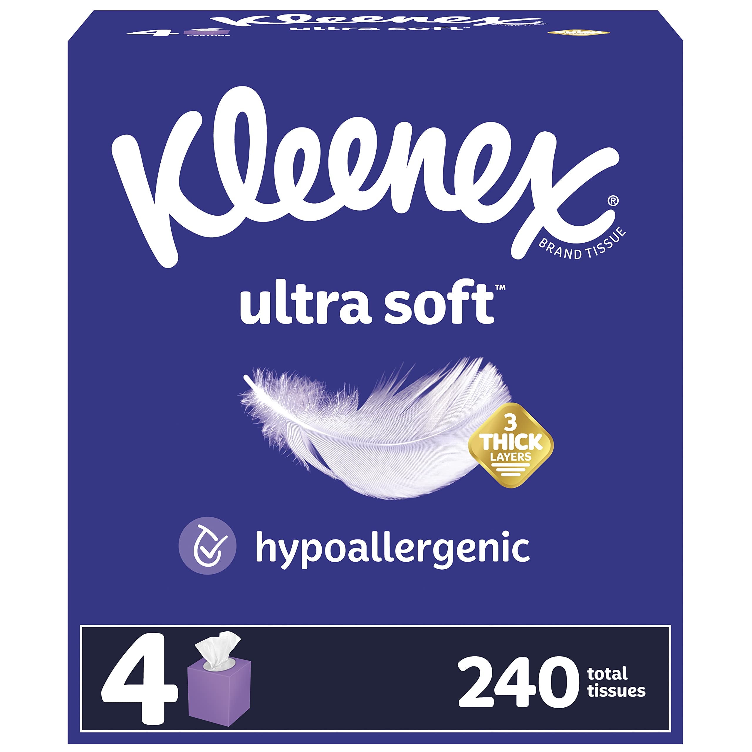 Kleenex Ultra Soft 3-Ply Facial Tissues, 4 Cube Boxes (240 Total ...