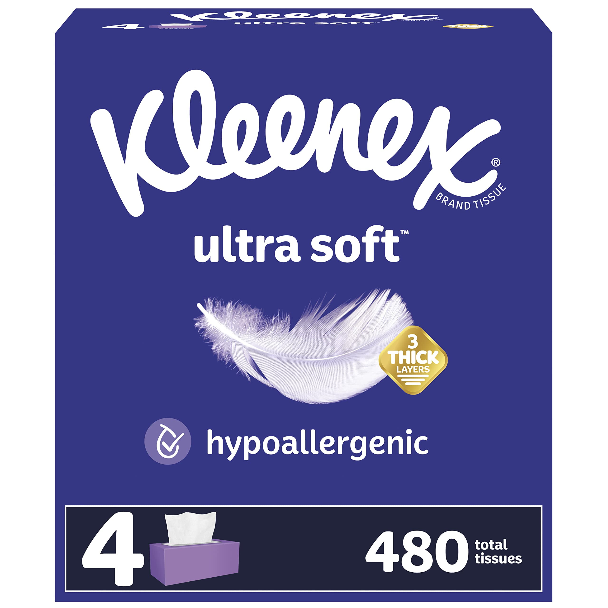 Kleenex Brand Ultra Soft Facial Tissues, 4 Pack, 3-Ply, 480 Total ...