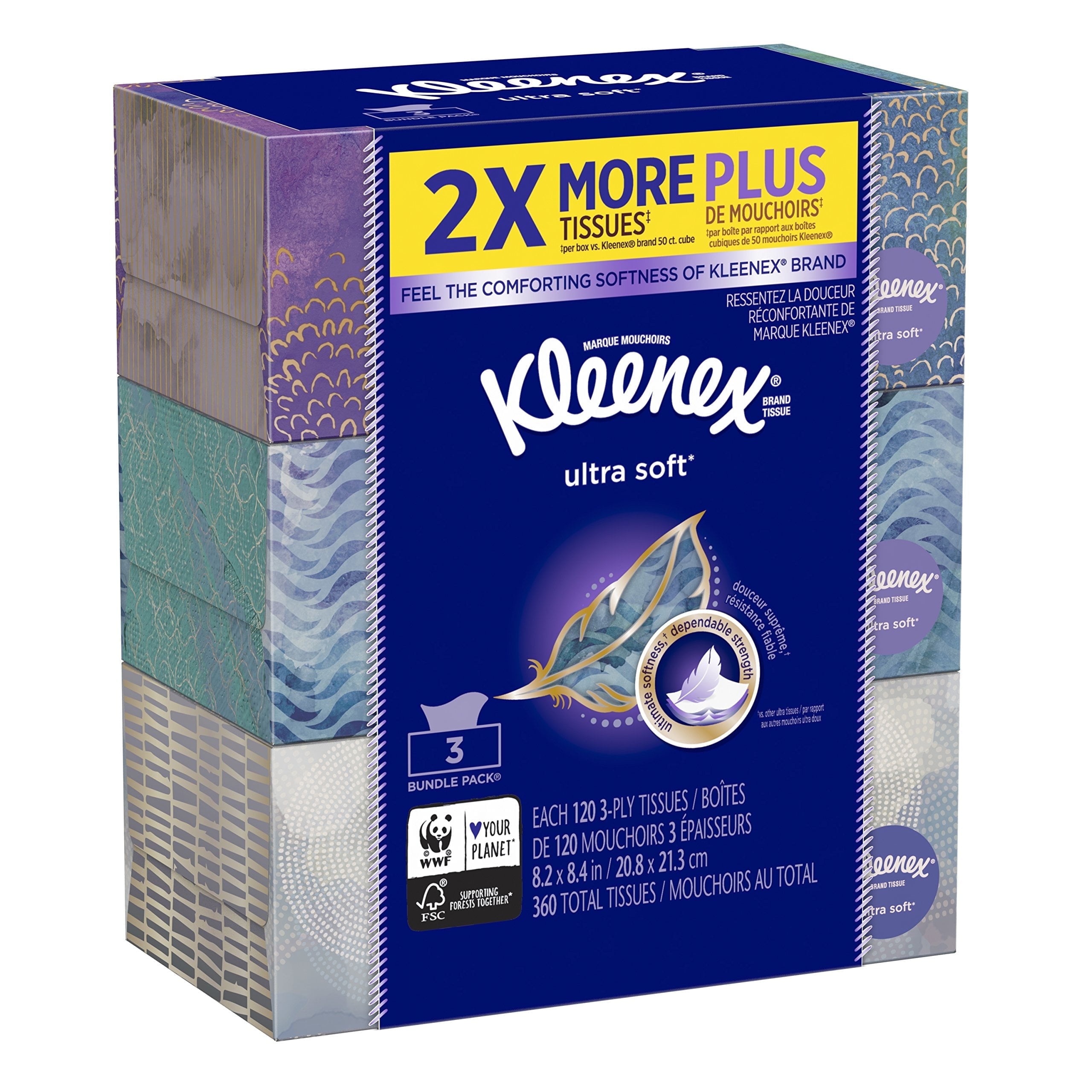 Family Size Kleenex Ultra Soft & Strong Facial Tissues, 3 Pack of 120 ...
