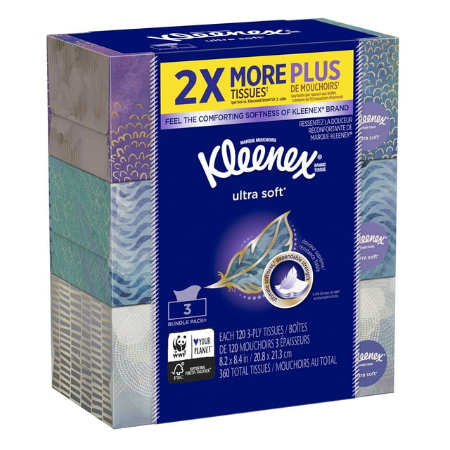 Family Size Kleenex Ultra Soft & Strong Facial Tissues, 3 Pack of 120 Tissues per Box - Walmart.com