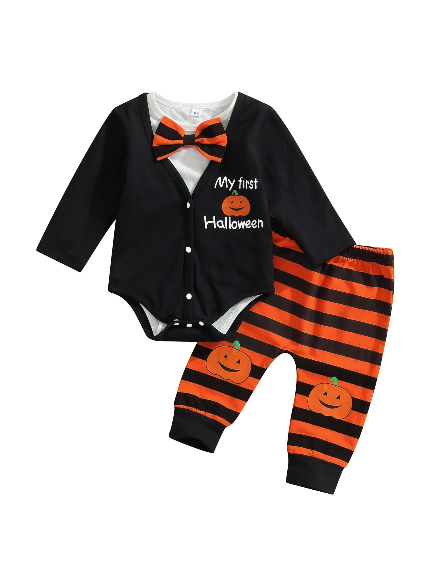 Kleidungly Newborn Baby Boy My 1st Halloween Outfits Bowtie Romper+Coat+Stripe Pumpkin Pants ...