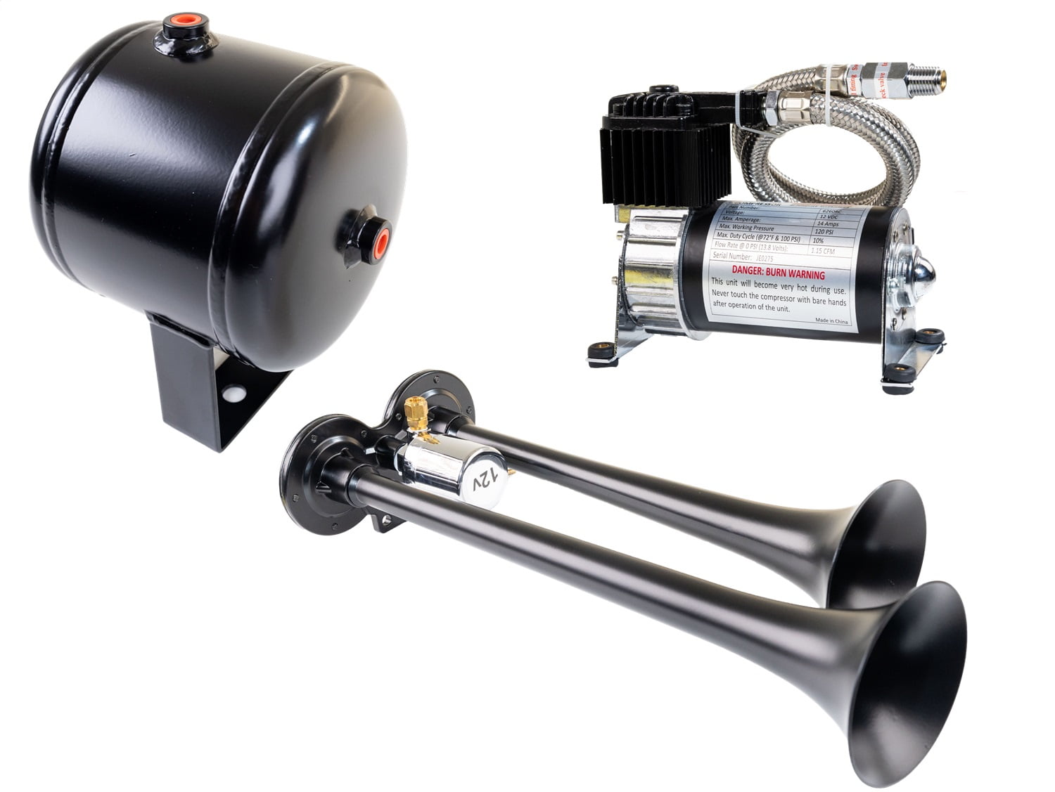 Kleinn Dual Black Horn Kit w/ 120 PSI Air Compressor / 0.5 gal Air Tank ...