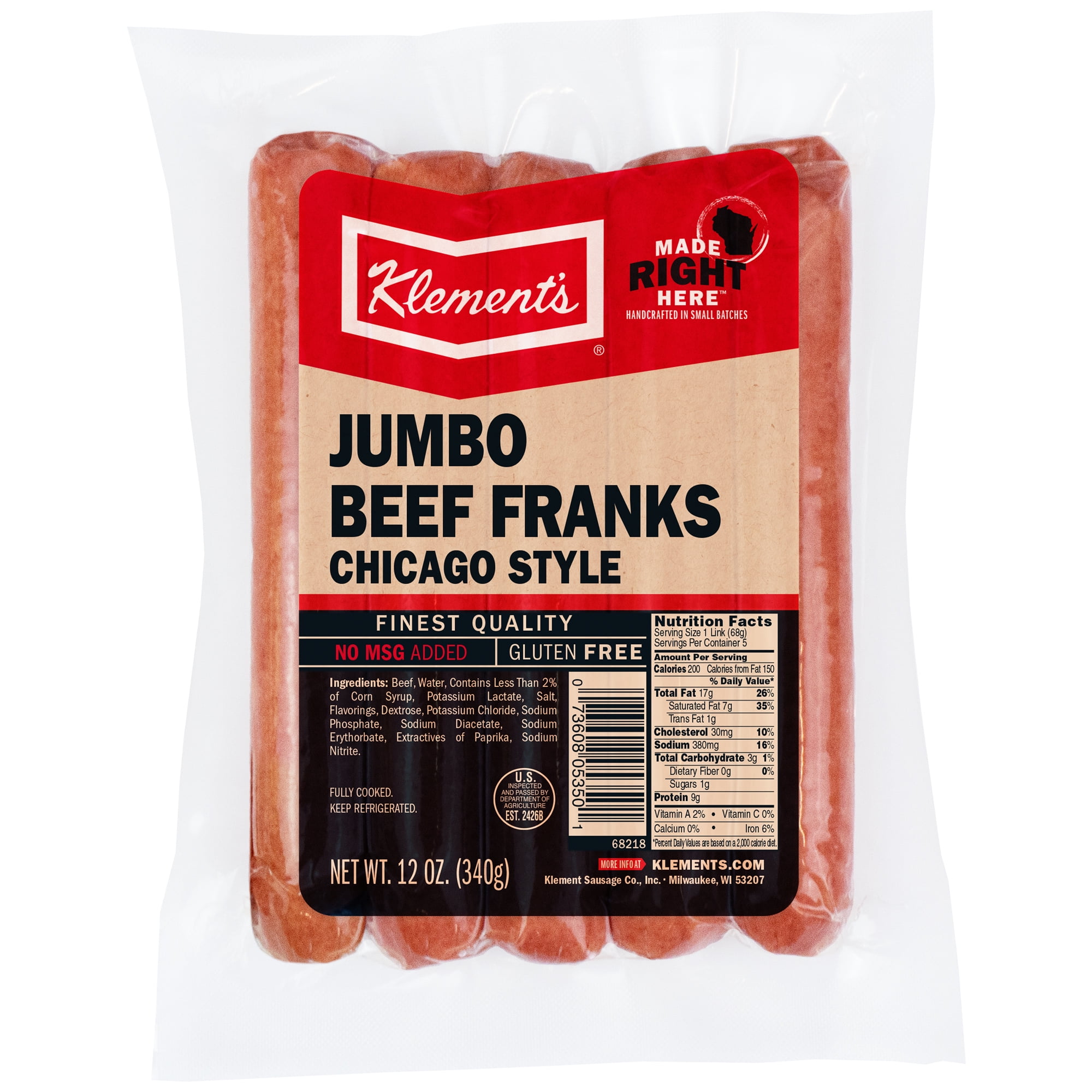 Klement's Chicago Style Jumbo Beef Hot Dog, Gluten Free, 12 oz ...