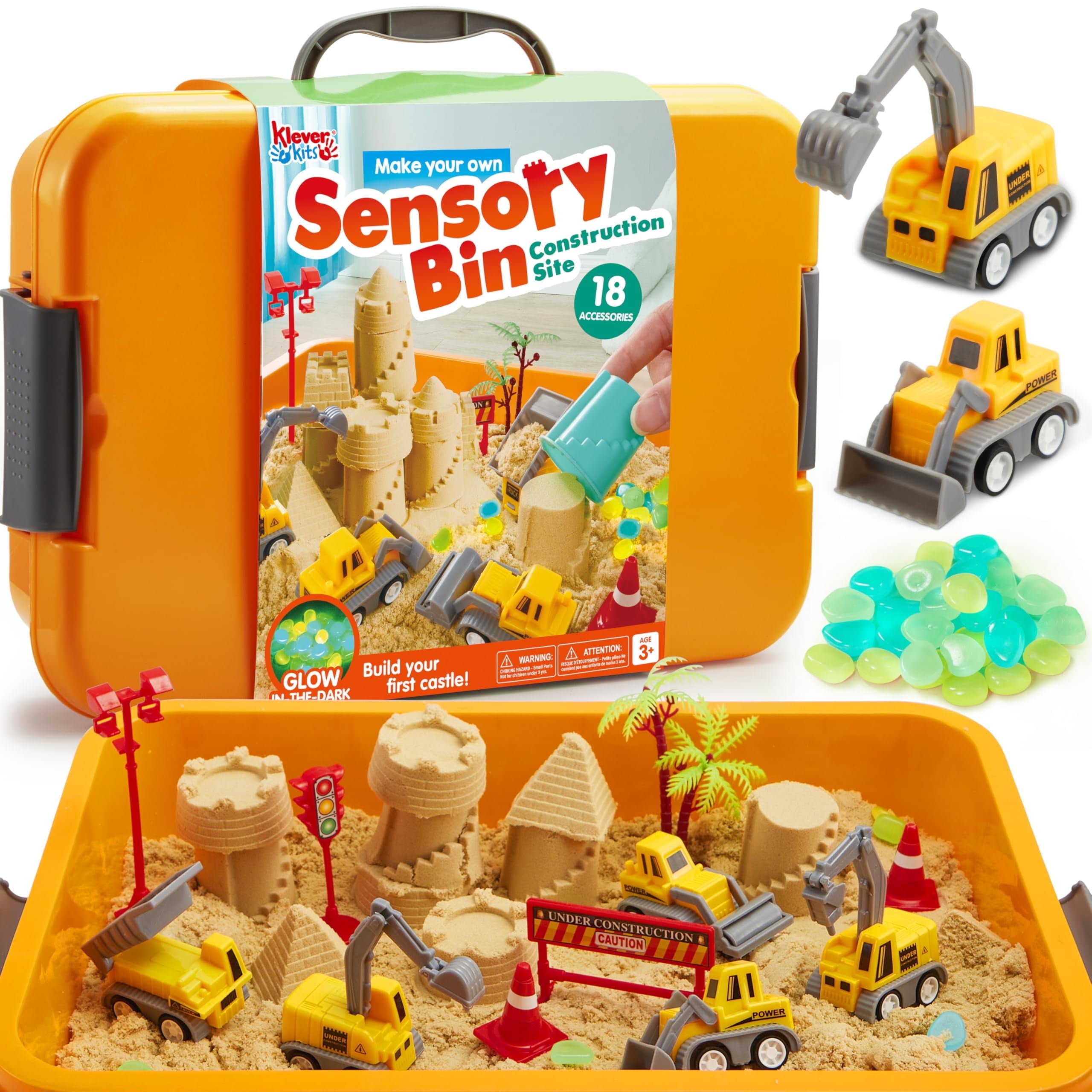 Klever Kits Construction Sensory Bin with Glow-in-The-Dark Stones, Play ...