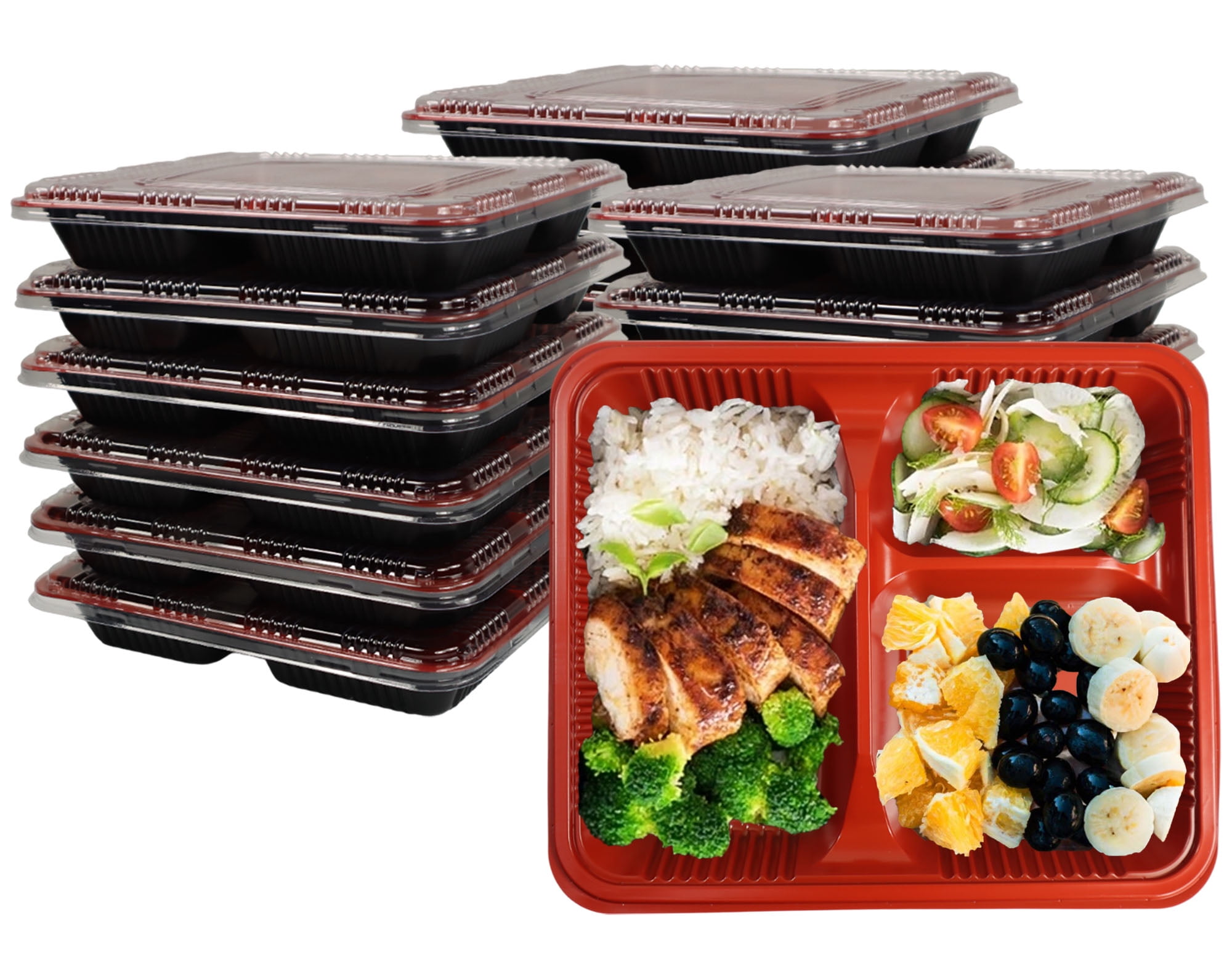 Klex 3-Compartment Bento Boxes w/ Lids, Microwave Safe, Red. Black, 9 ...
