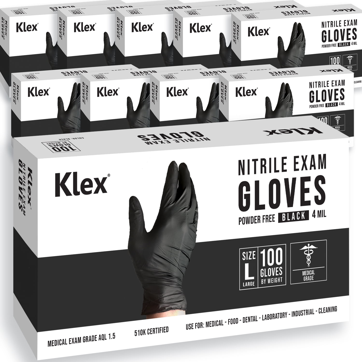 Klex Nitrile Exam Gloves, Large Size, Powder Free, Latex Free, Medical Grade, Food Safe, Black ...