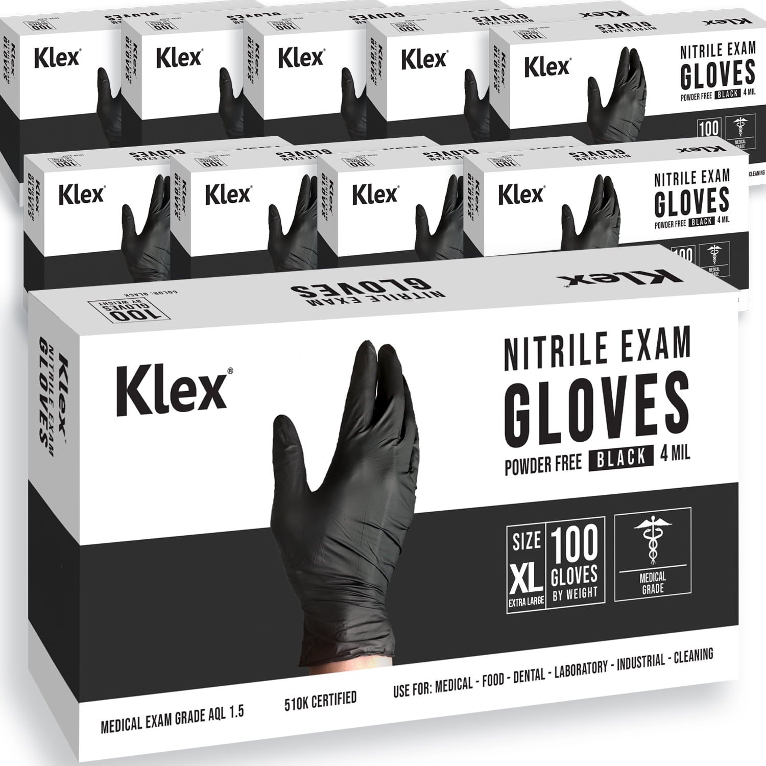 Klex Nitrile Medical Exam Gloves - Powder & Latex Free Food Safe, Extra Large, Black, 1000 Count ...