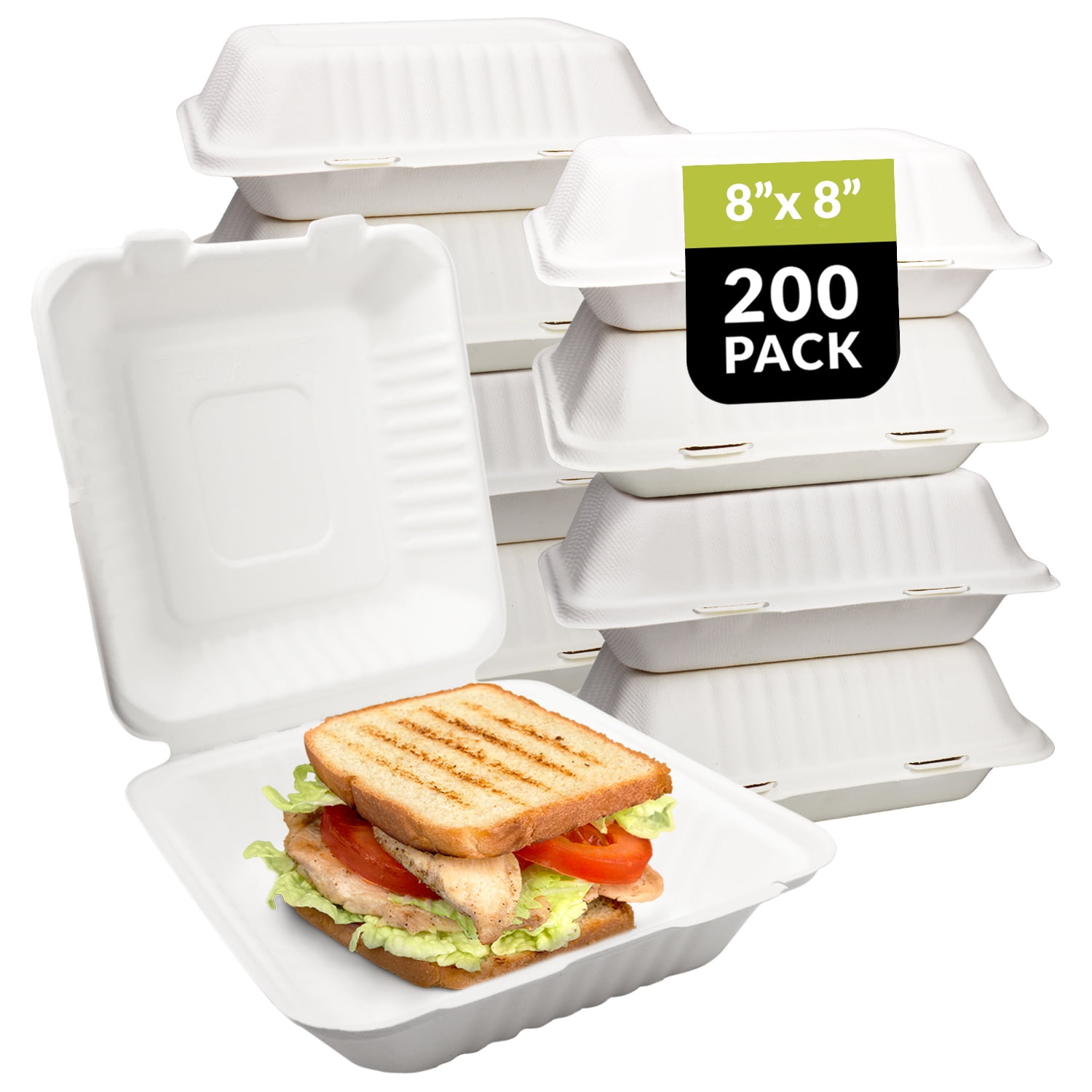 Klex Sugarcane Clamshell Takeout Food Containers, 8-Inch, 200-Pack ...
