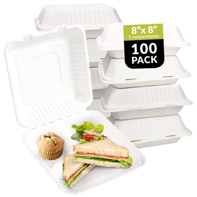 Klex Sugarcane Clamshell Takeout Food Containers, 8-Inch, 3 Compartment ...