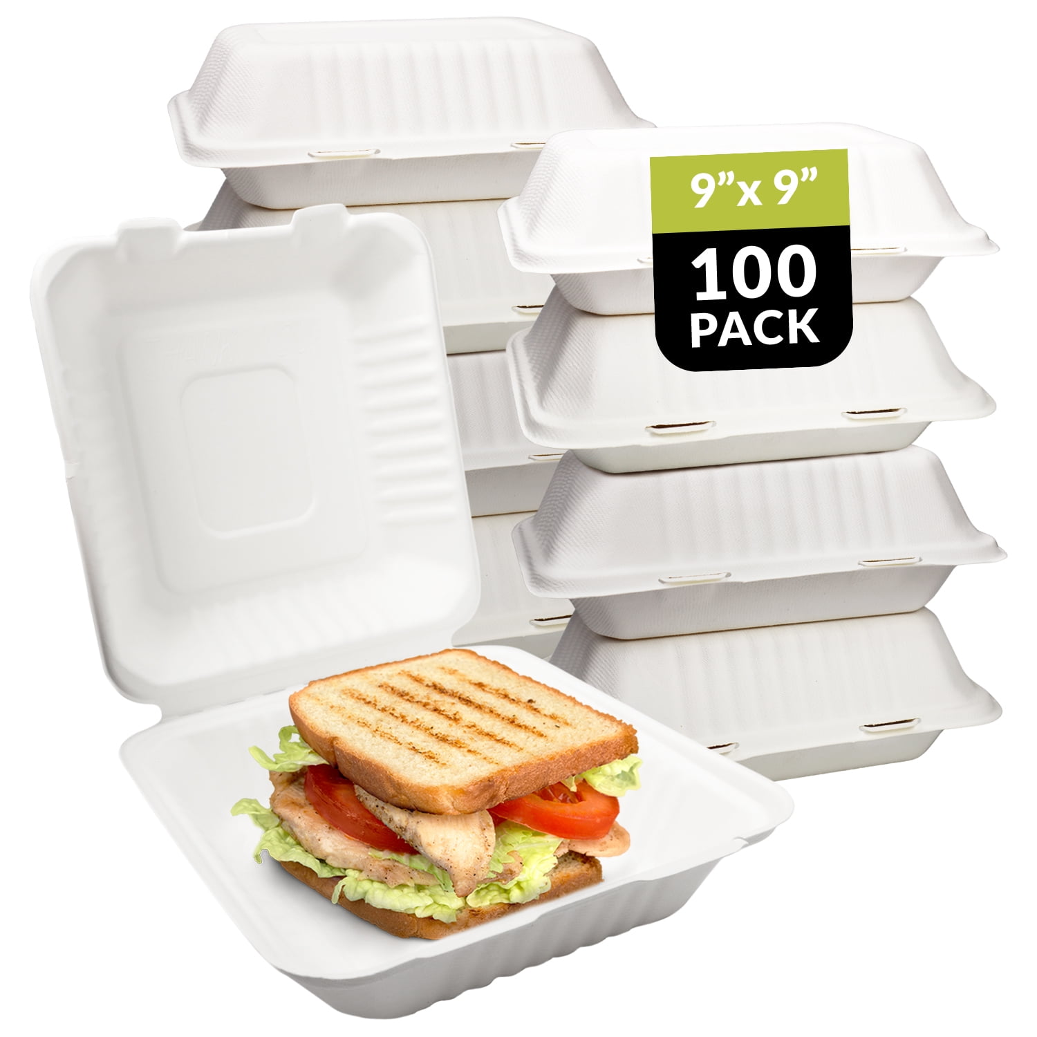 Klex Sugarcane Clamshell Takeout Food Containers, 9-Inch, 100-Pack ...