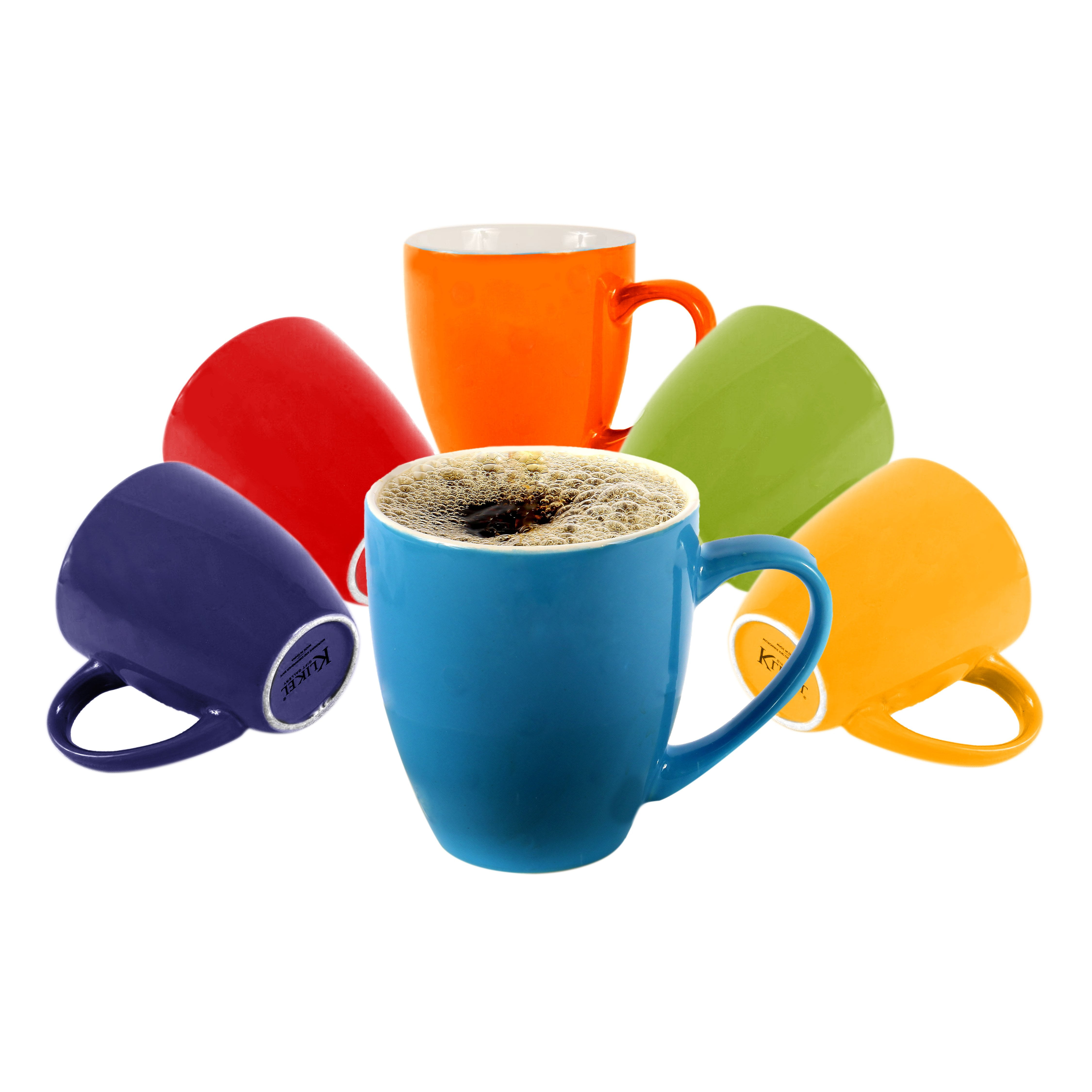 Klikel 6 Colored Coffee Mugs Set - 16oz Flat Bottom Stoneware - Bright ...