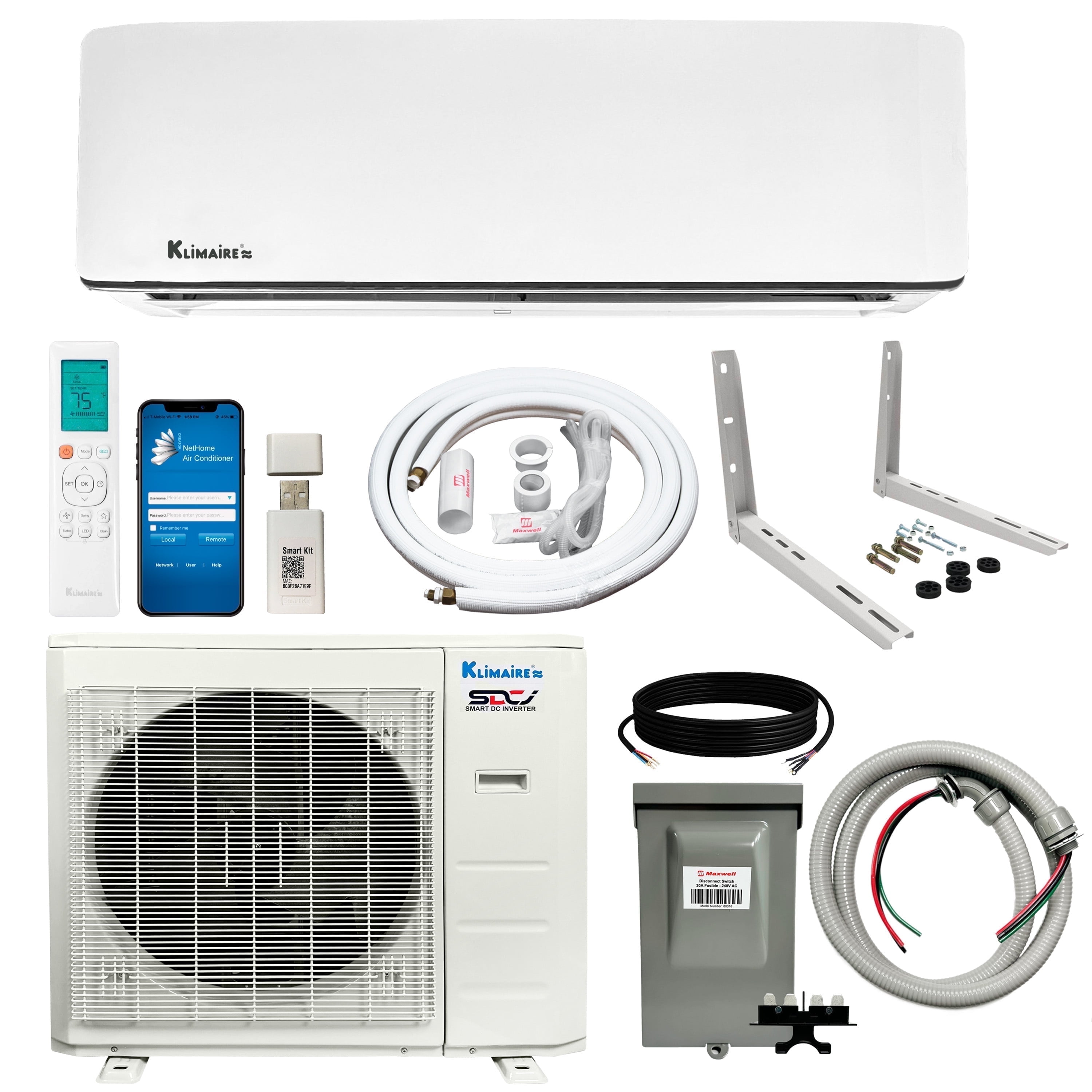 Klimaire 30,000 Btu 19 SEER2 Ductless Mini-Split Heat Pump AC, Indoor ...