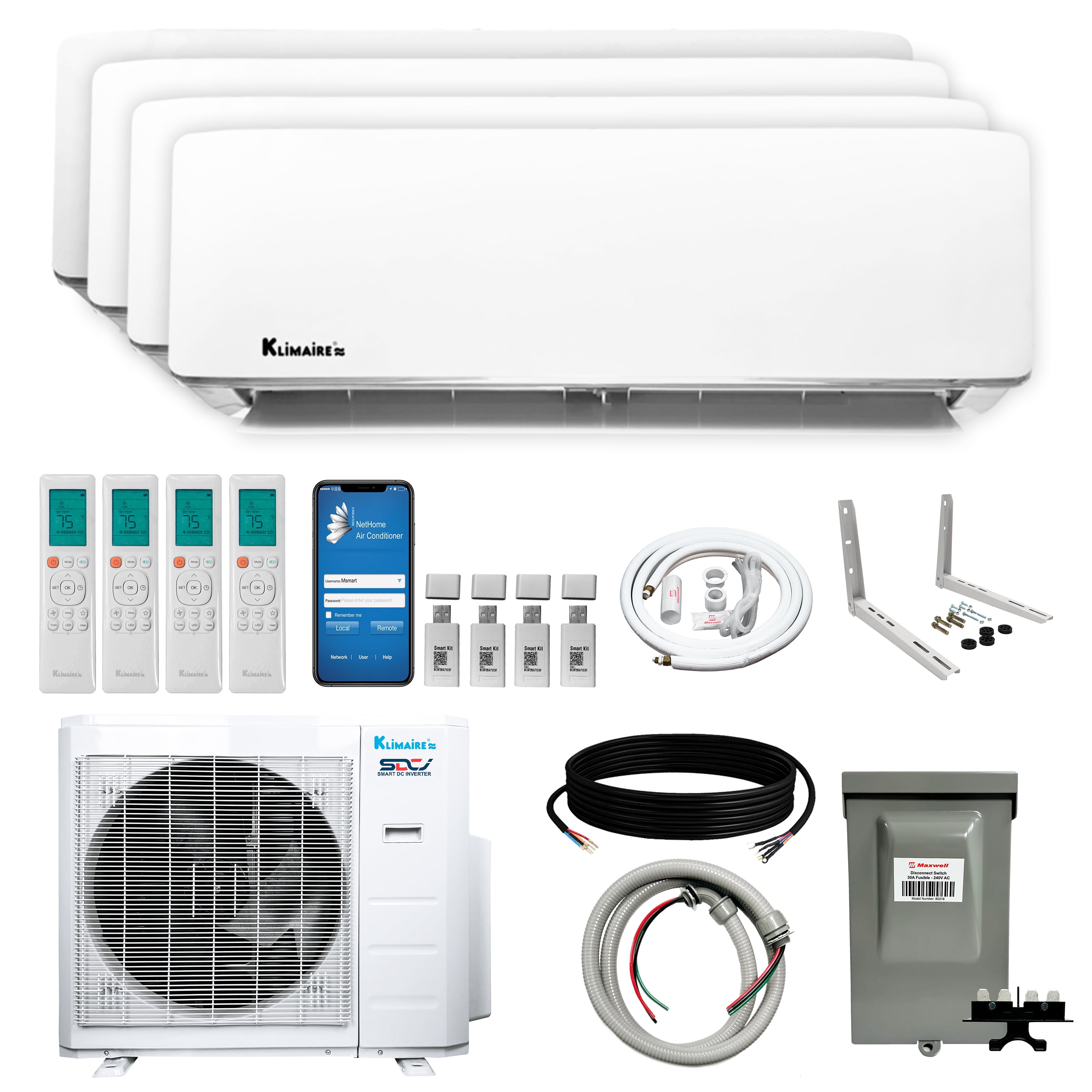 Klimaire 4-Zone Ductless Mini-Split Heat Pump AC 36,000 BTU, Wall ...