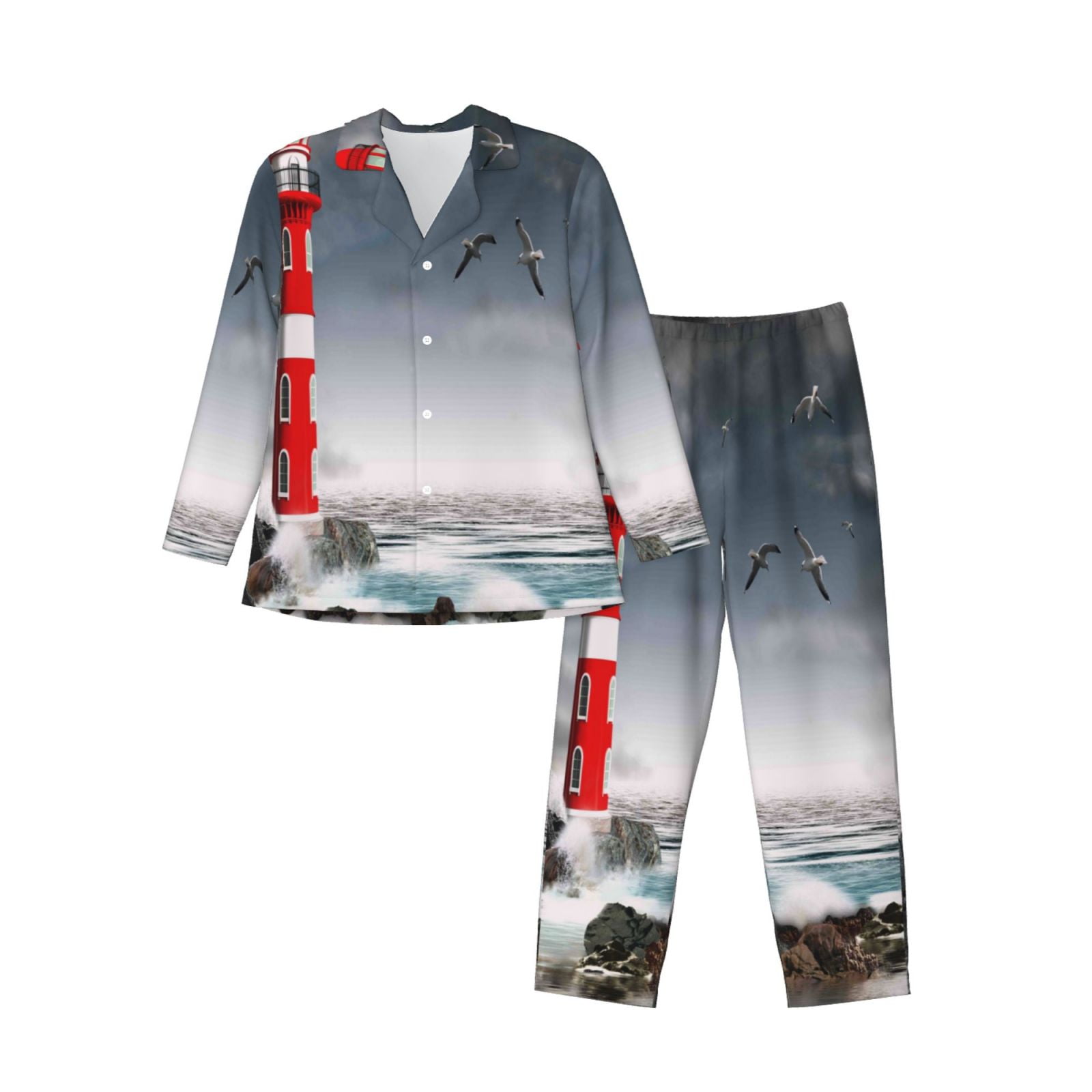 Kll 3d Lighthouse In The Surf Sleepwear Mens Flannel Pajamas,Long ...