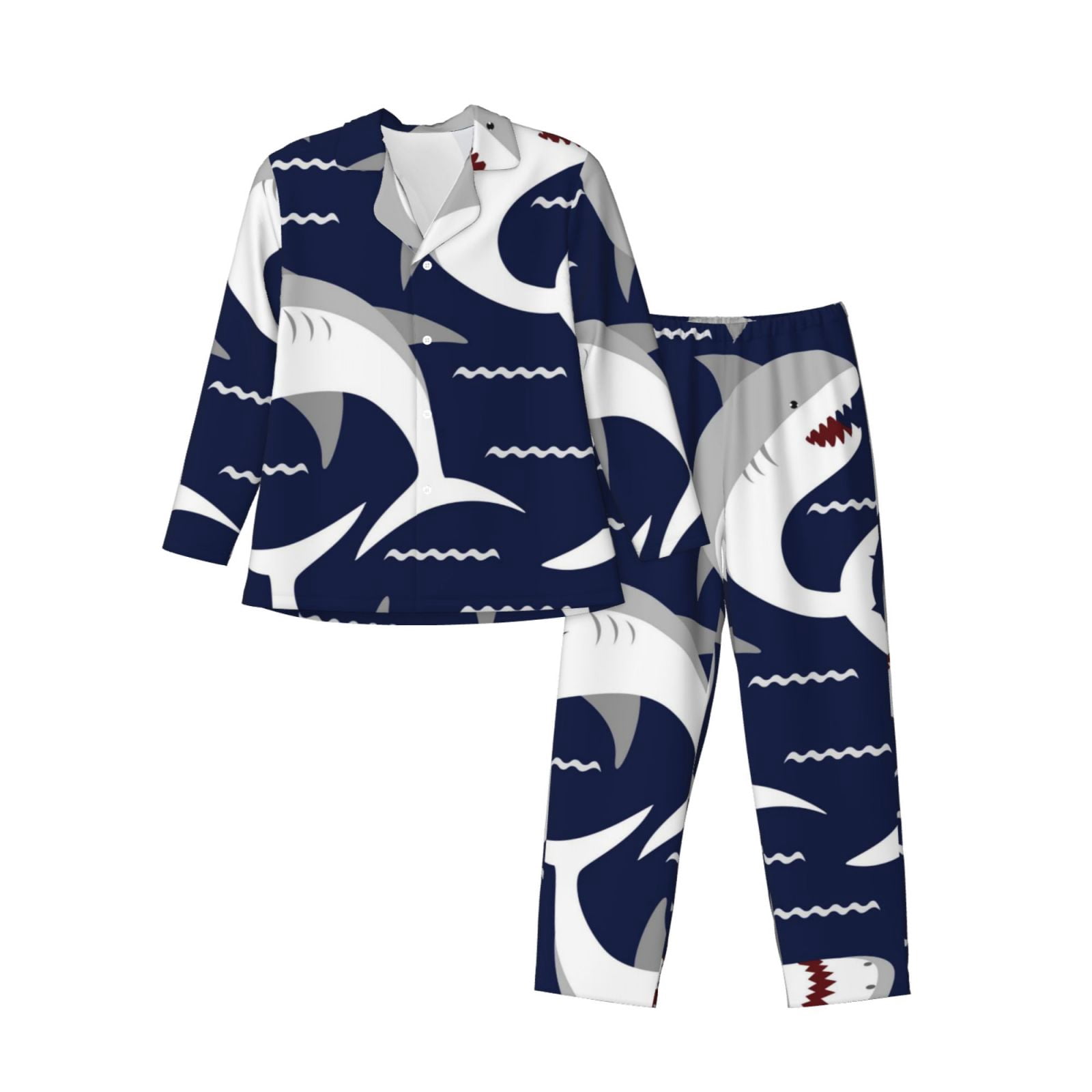 Kll Angry Shark Sleepwear Mens Flannel Pajamas,Long Cotton Pj Set ...