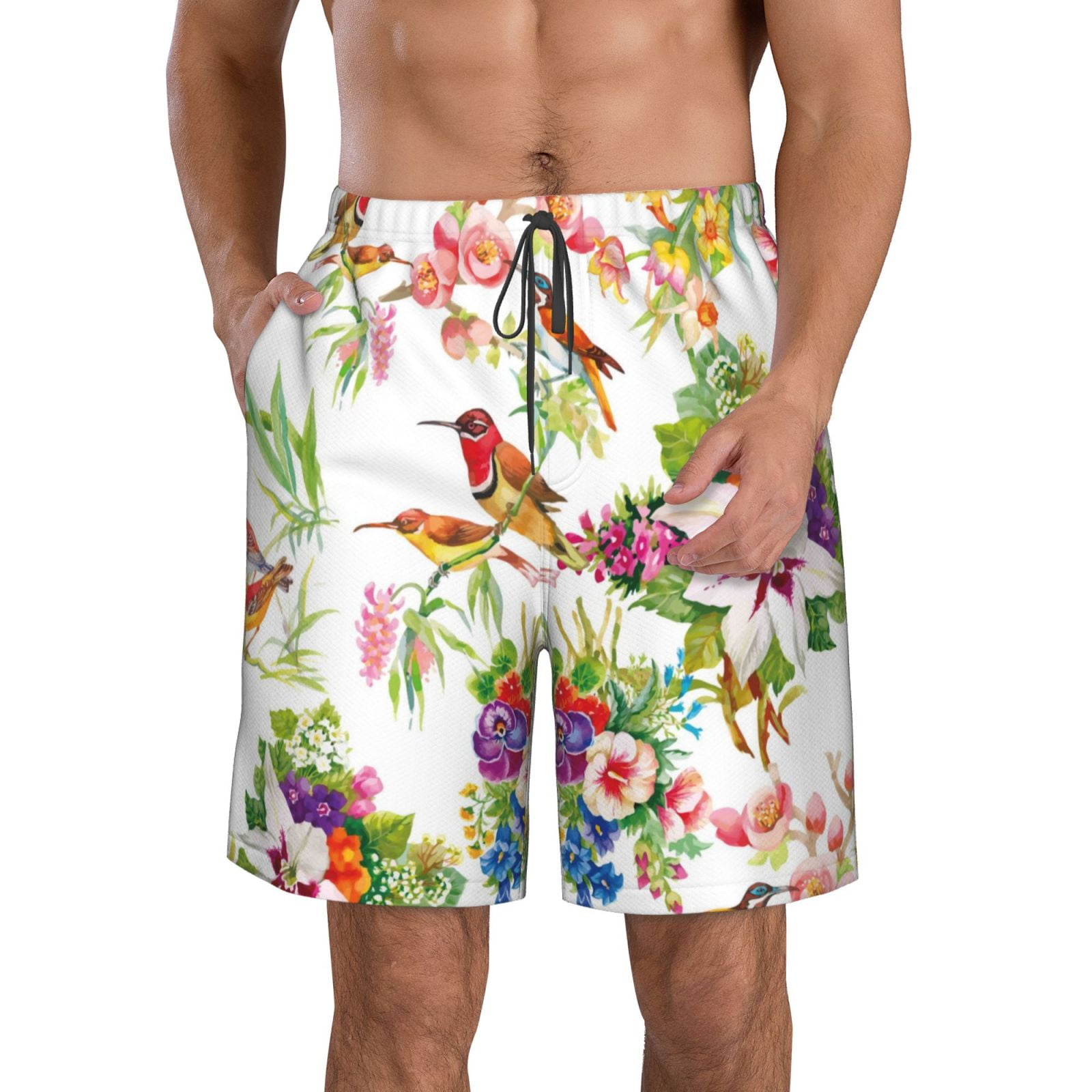 Kll Birds And Flowers Men'S Casual Summer Beach Shorts Hawaiian Shorts ...