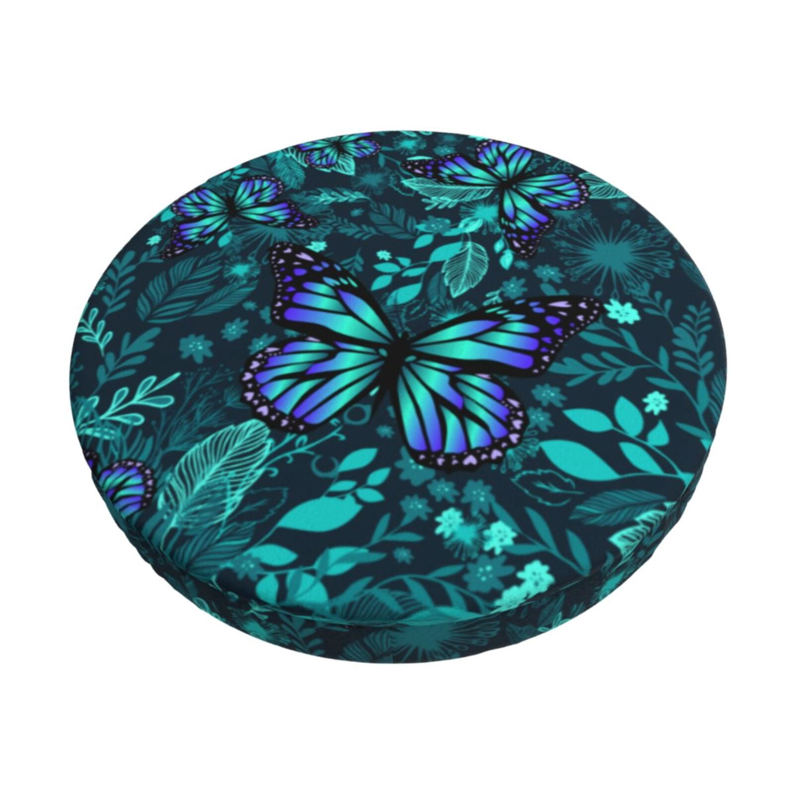 Kll Blue Floral With Butterflies Round Bar Chair Cushion Cover 14 Inch ...