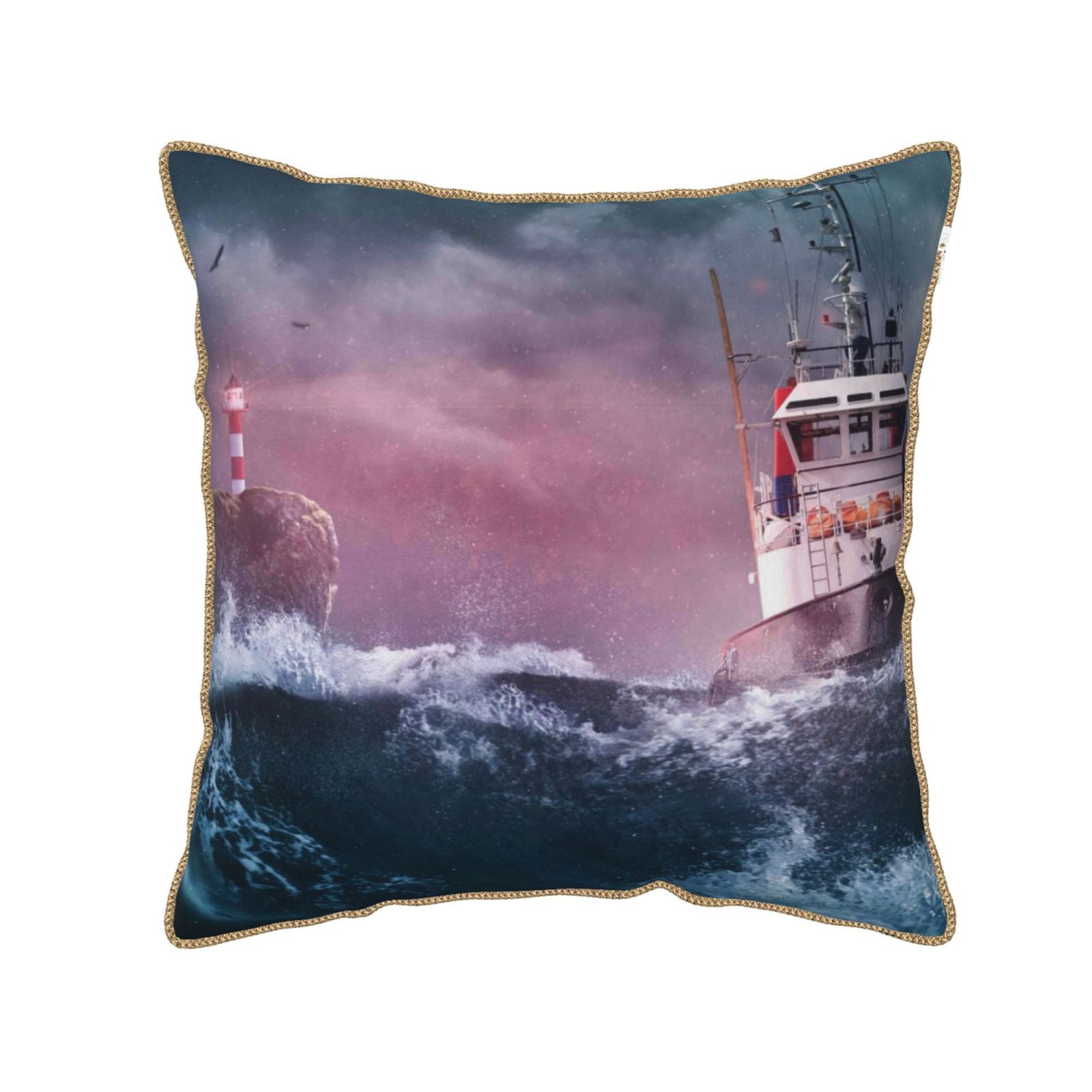 Kll Boat Lighthouse Storm Waves Decorative Throw Pillow Covers Velvet ...