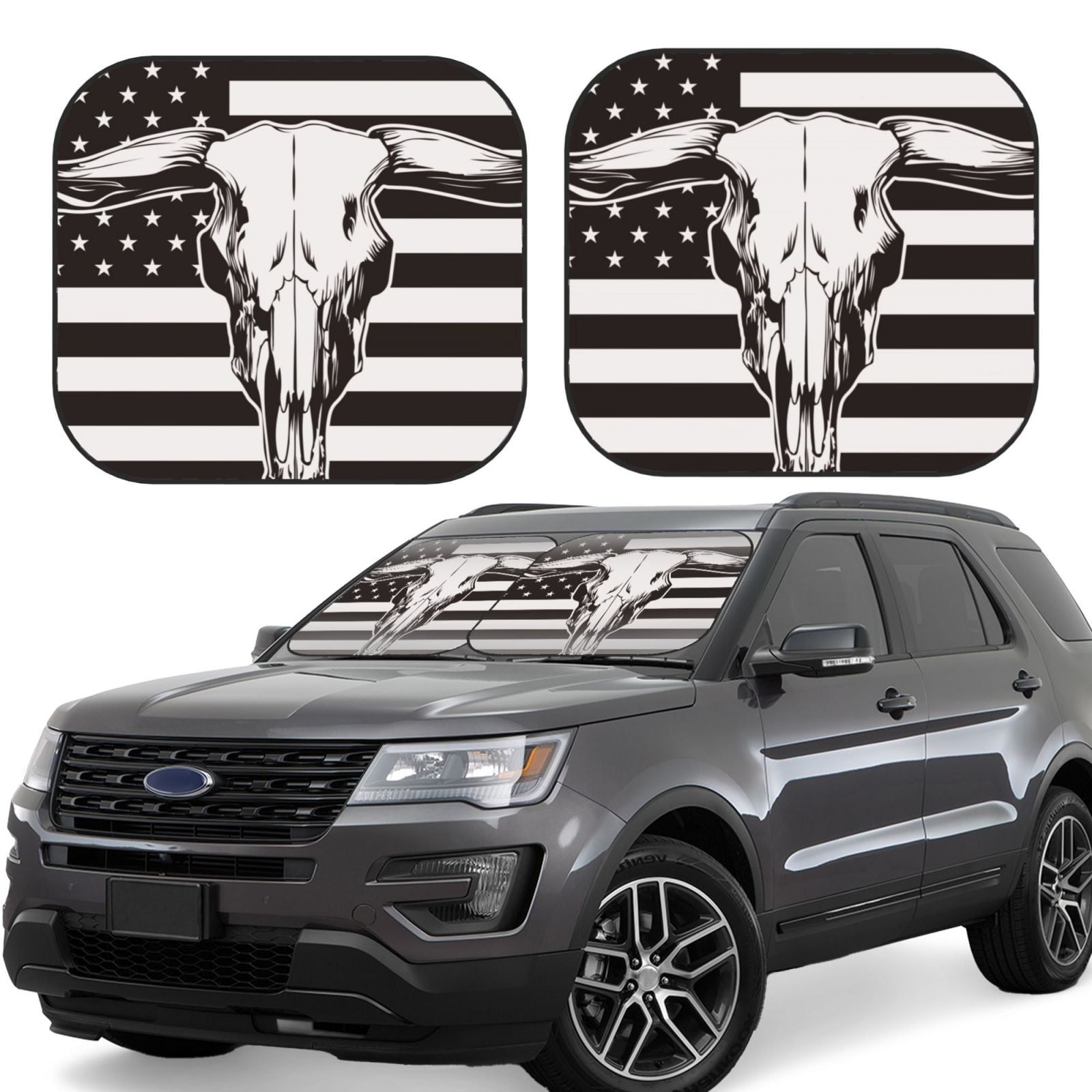 Kll Bull Skull On The Us Flag Windshield Sun Shade 2-Piece Foldable Car ...