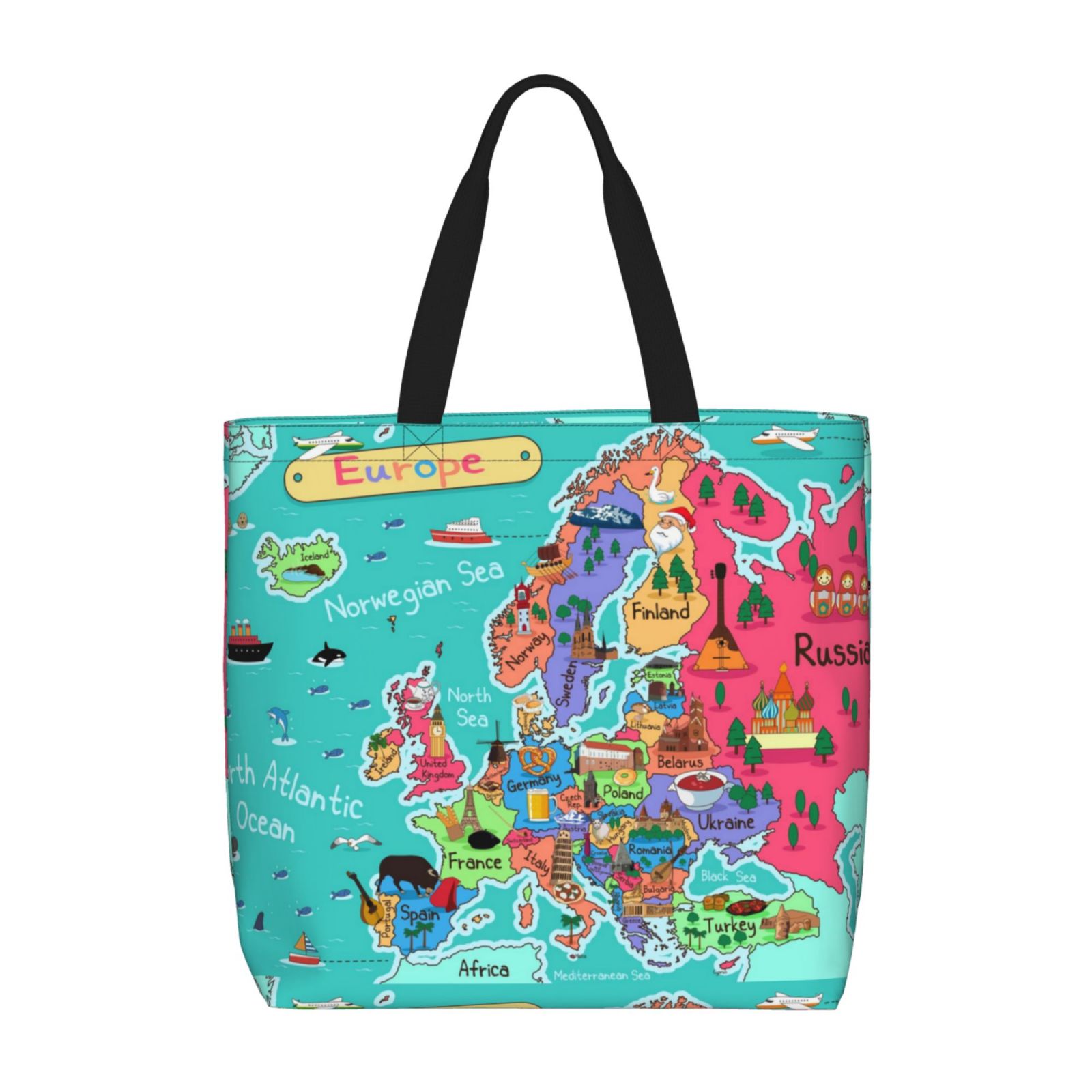 Kll Cartoon Map Of Europe Pattern Aesthetic Tote Bag For Women Beach ...