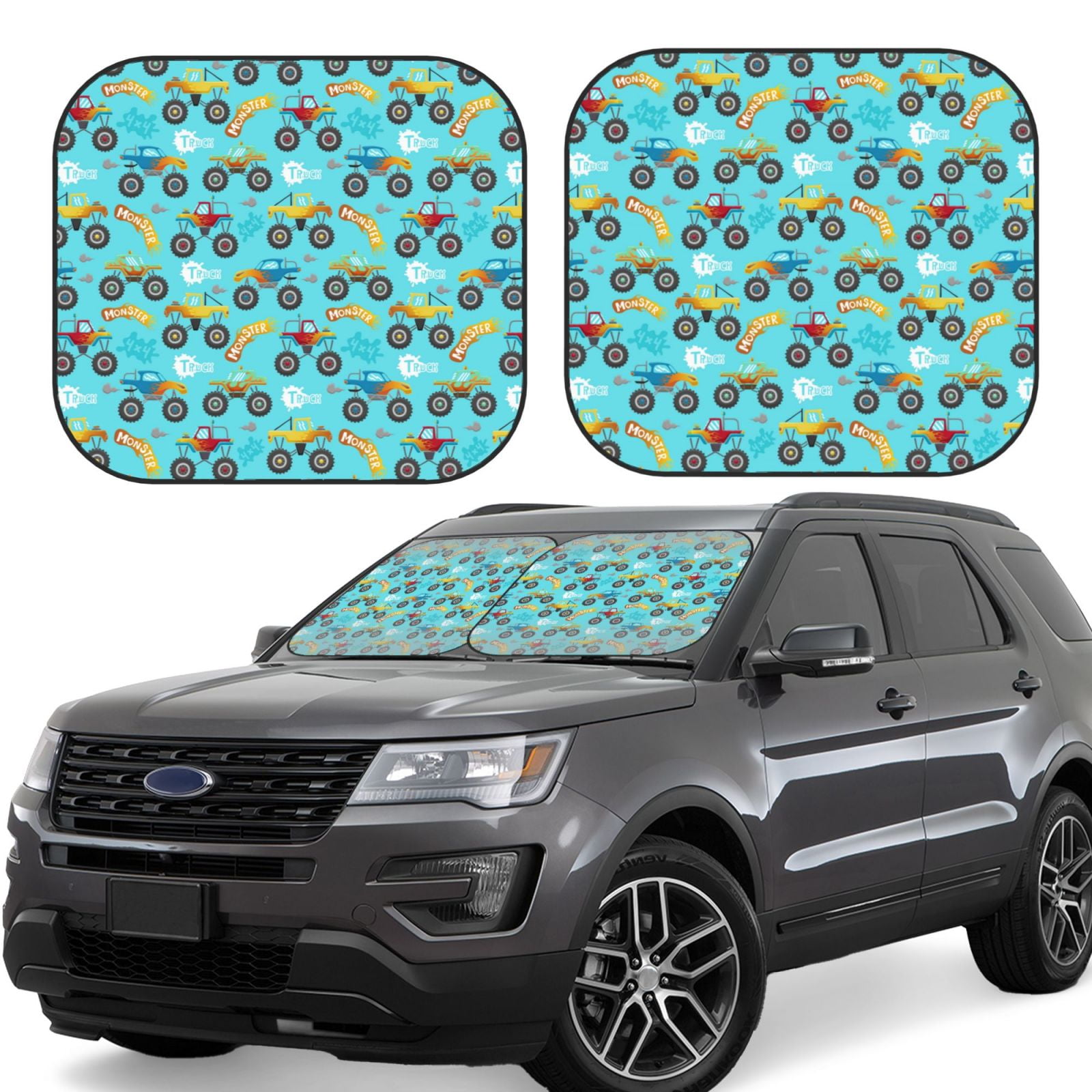 Kll Cartoon Monster Truck Windshield Sun Shade 2-Piece Foldable Car ...