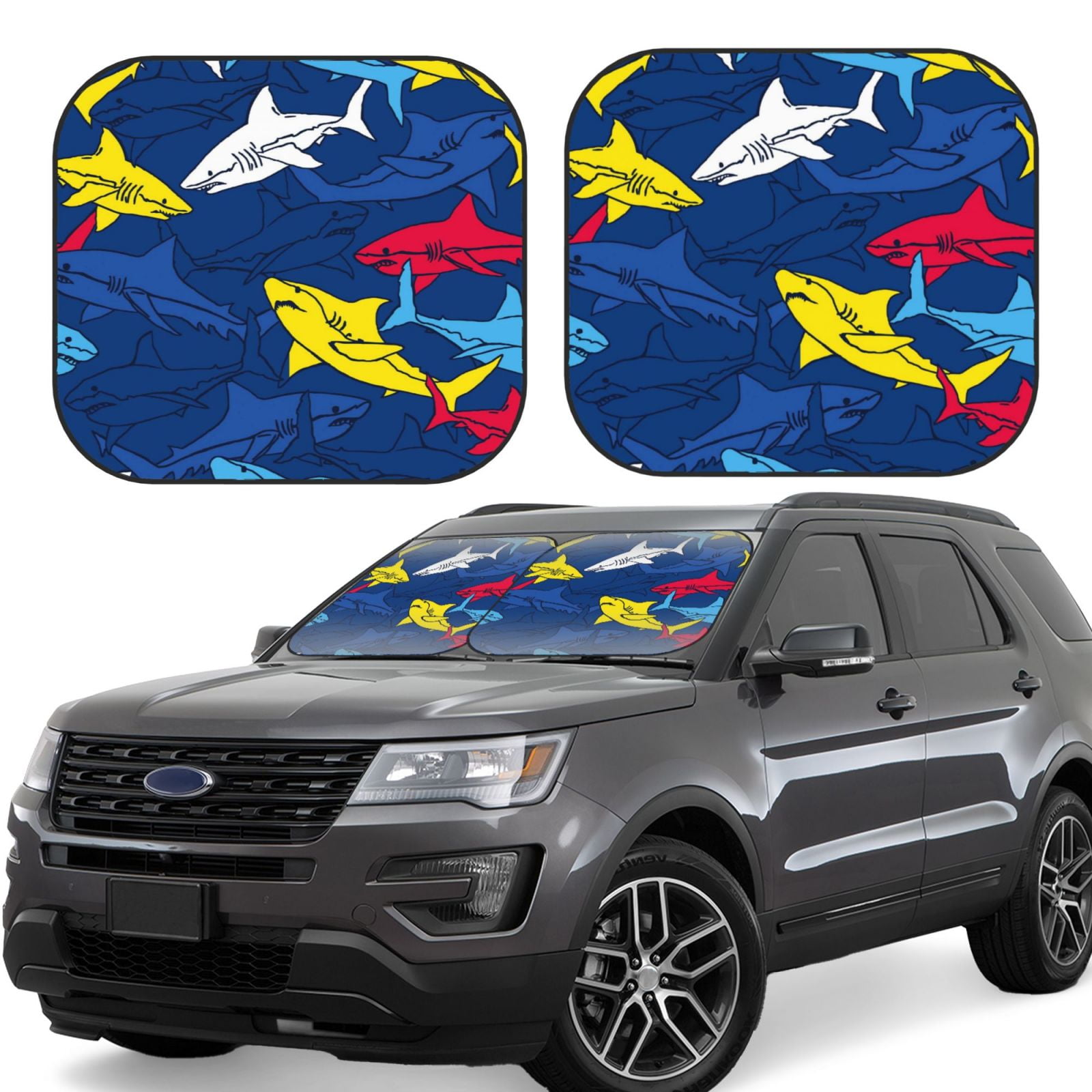 Kll Cartoon Shark Windshield Sun Shade 2-Piece Foldable Car Front ...