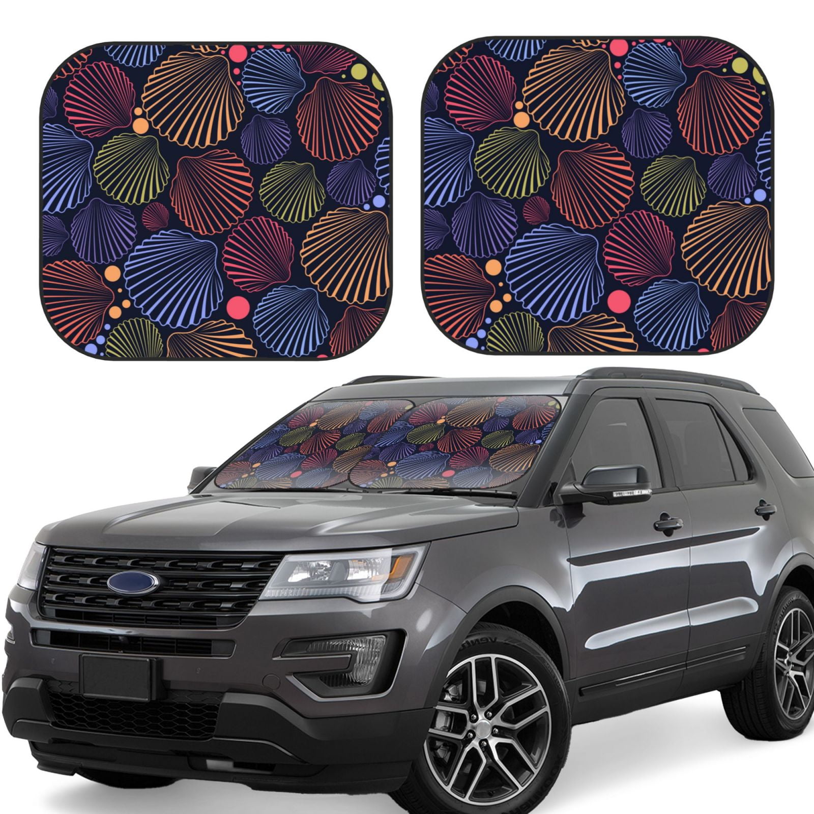 Kll Colorful Shells Windshield Sun Shade 2-Piece Foldable Car Front ...