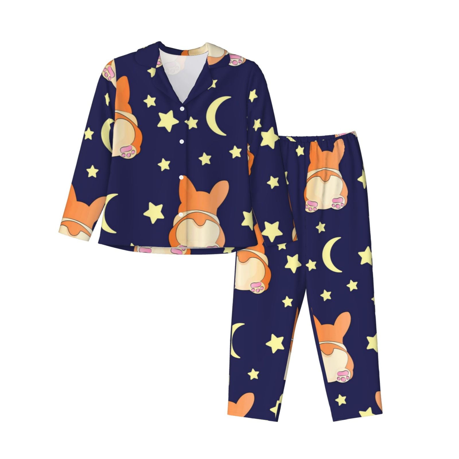 Kll Corgi Lying With Moons And Stars Print Women'S Long Sleeve Pajamas ...
