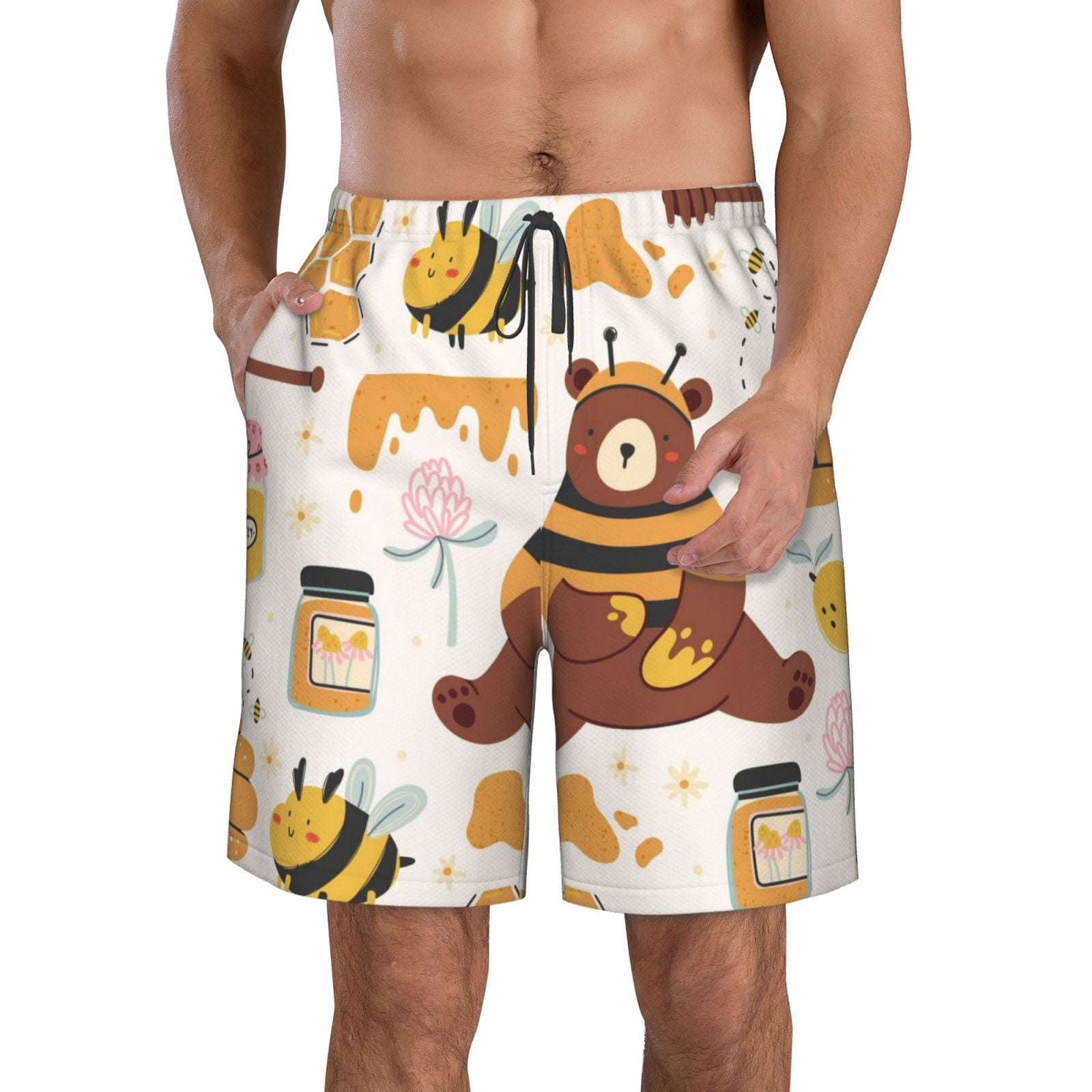 Kll Cute Bee Honey Jar Hive Bear Men'S Casual Summer Beach Shorts ...