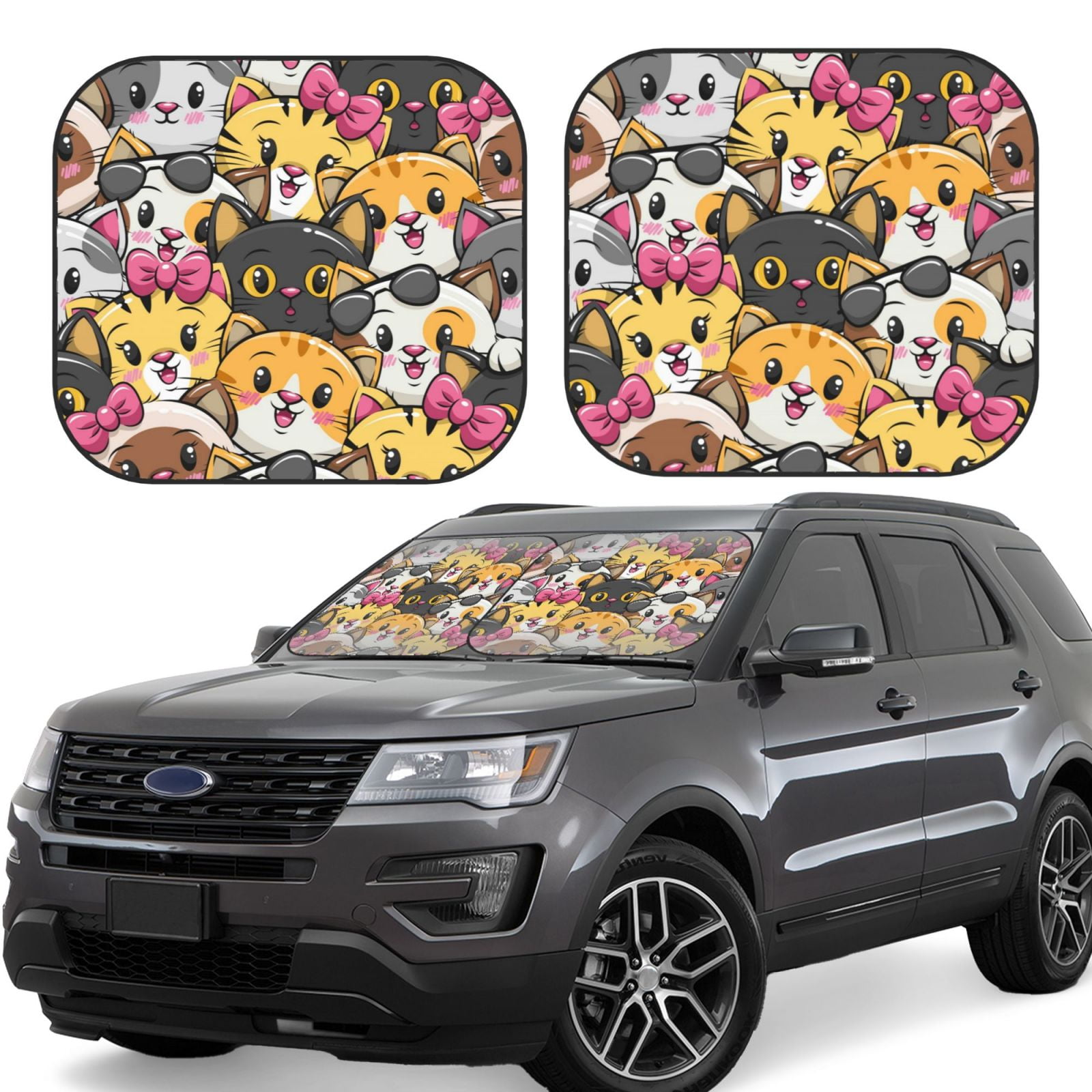 Kll Cute Cat Cartoon Windshield Sun Shade 2-Piece Foldable Car Front ...