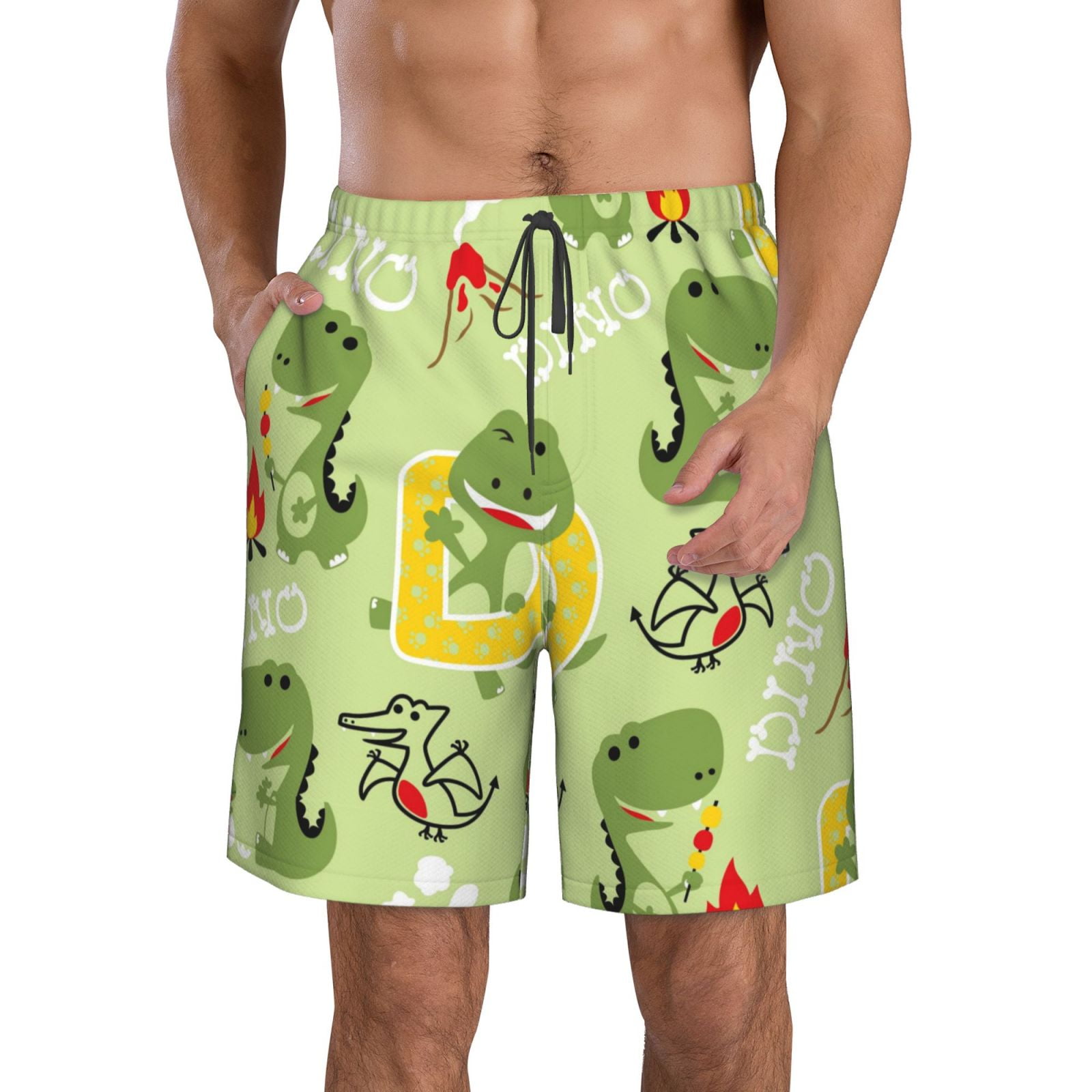 Kll Cute Dinosaurs Cartoon Men'S Casual Summer Beach Shorts Hawaiian ...