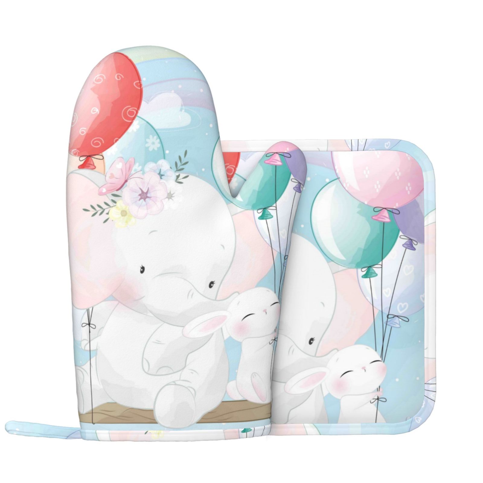 Kll Cute Elephant Bunny Flying With Balloon Oven Gloves And Pot Holders ...