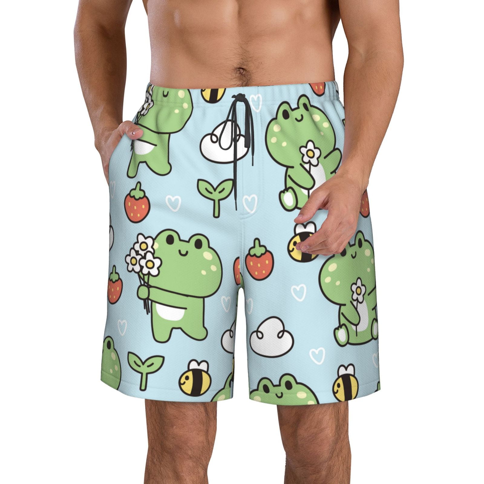 Kll Cute Floral Frog Men'S Casual Summer Beach Shorts Hawaiian Shorts ...