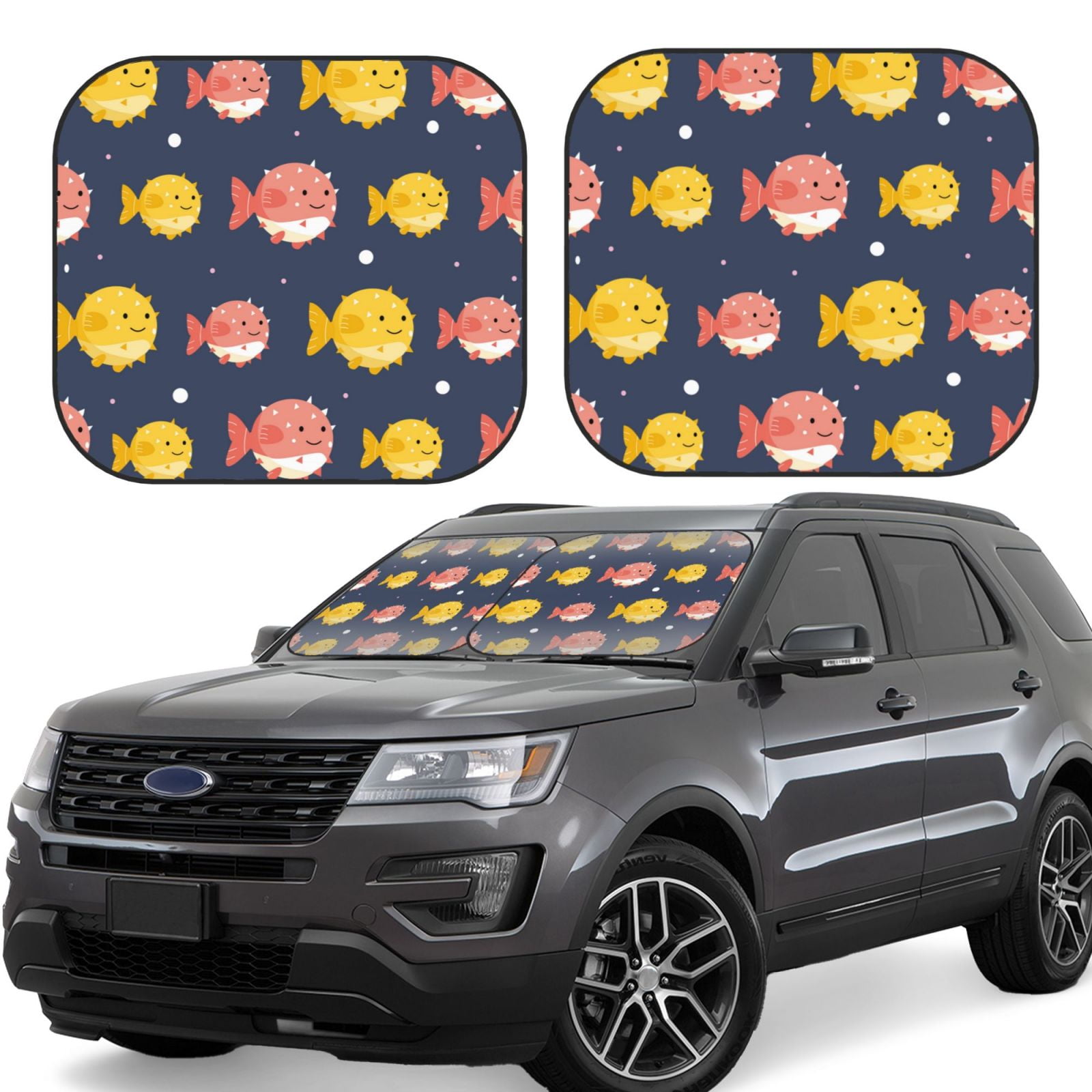 Kll Cute Puffer Fish Windshield Sun Shade 2-Piece Foldable Car Front ...
