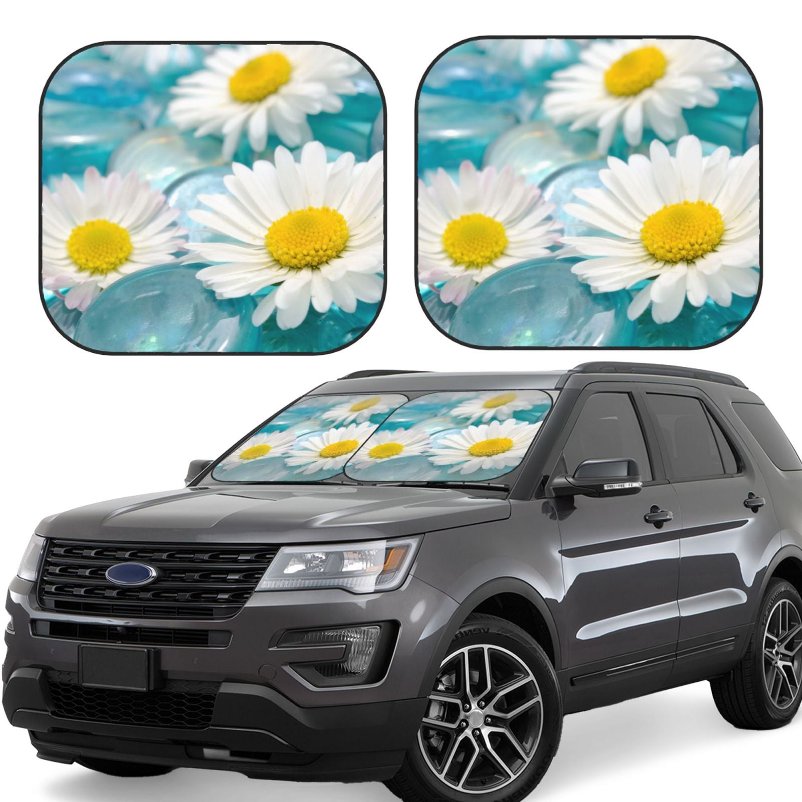 Kll Daisy Flowers Windshield Sun Shade 2-Piece Foldable Car Front ...