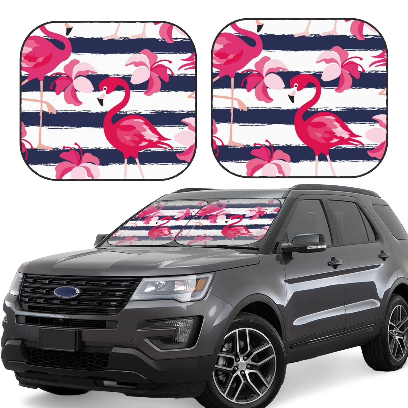 Kll Dark Blue Stripes And Pink Flamingos Windshield Sun Shade 2-Piece ...