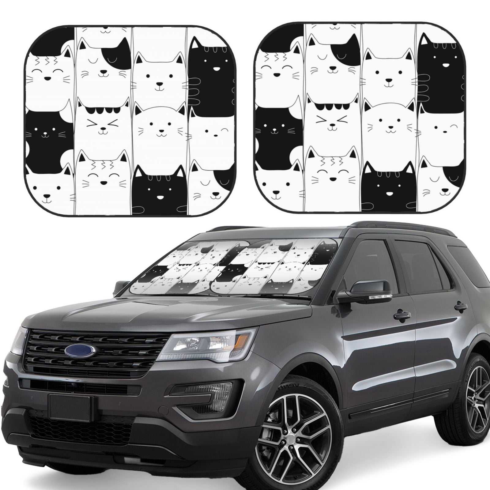Kll Doodle Cute Cat Windshield Sun Shade 2-Piece Foldable Car Front ...
