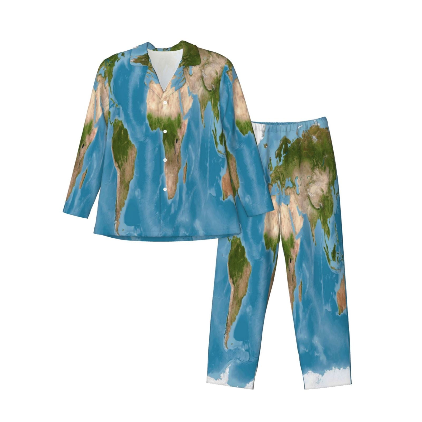 Kll Earth View World Map Sleepwear Mens Flannel Pajamas,Long Cotton Pj ...